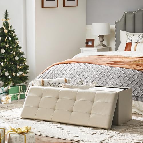 SONGMICS 43 Inches Folding Storage Ottoman Bench, Storage Chest, Foot Rest Stool, Bedroom Bench with Storage, Beige ULSF77BE