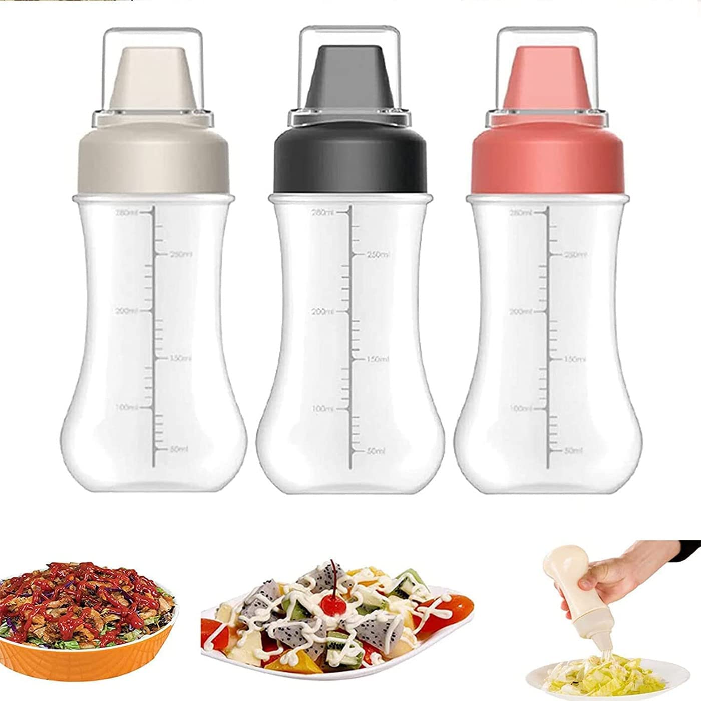 YYYFEI 5-hole Sauce Squeeze Bottles with Lid,9.87oz/280ml Plastic Condiment Bottles for Ketchup Peanut Butter Ketchup Salad Dressing Mustard ,with Scale and Labels,3pcs