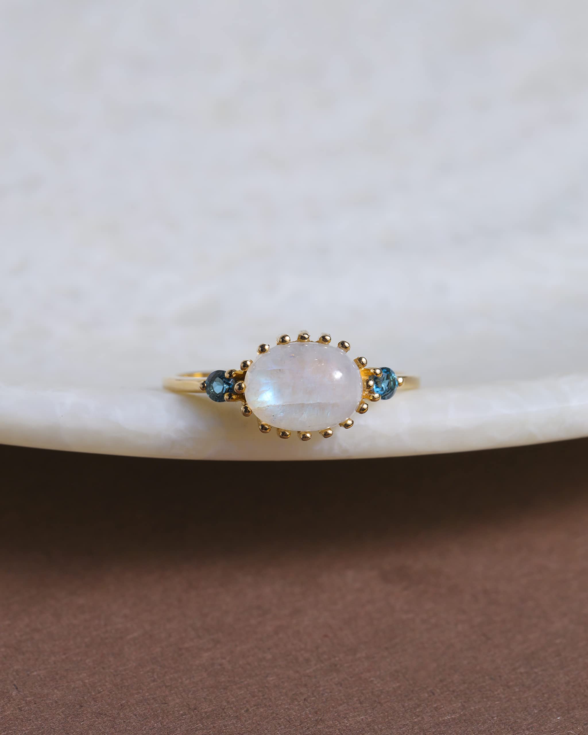 YoTreasure 2.04 Ct. Rainbow Moonstone London Blue Topaz Promise Ring 14K Yellow Gold Jewelry