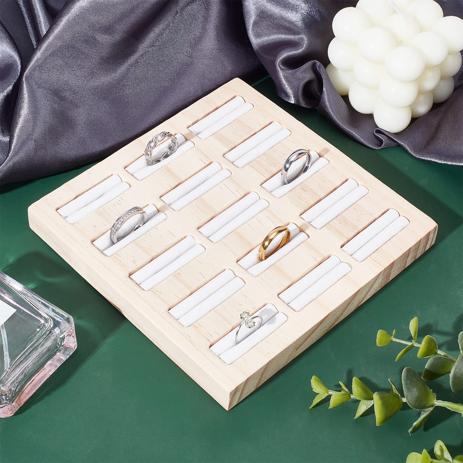WEBEEDY Bamboo Ring Display Tray 15 Slots Ring Earrings Trays Showcase Display Jewelry Organizer Jewelry Storage Tray Organizer Ring Stand for Show(White)