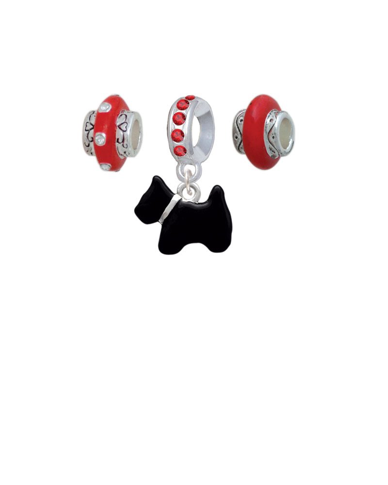 Silvertone Black Scottie Dog Red Charm Beads (Set of 3)