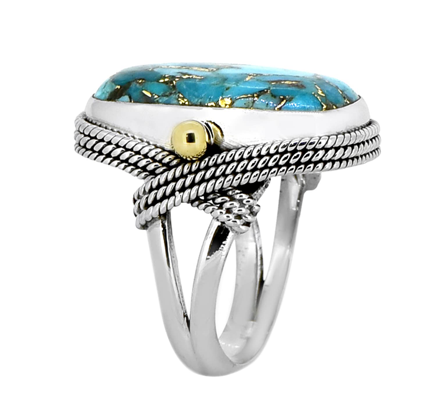 YoTreasure Blue Copper Turquoise Solid 925 Sterling Silver Brass Statement Ring Jewelry