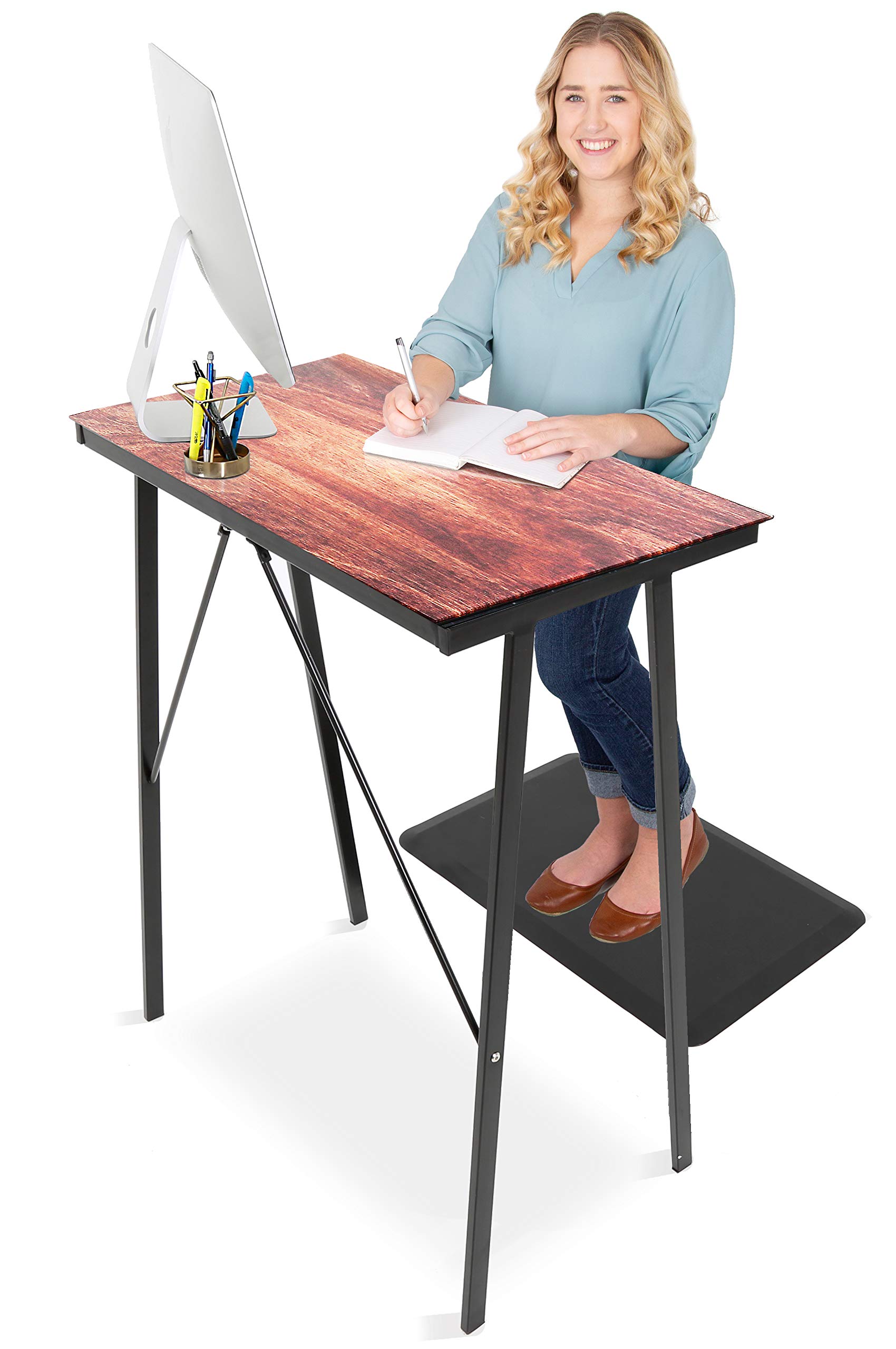 Stand Steady Joy Desk | Compact Multifunctional Standing Table for Home & Office | Modern Glass Top with Stylish Wood Design | Space-Saving Standing Desk for Small Workspaces (Wood / 32in x 41in)
