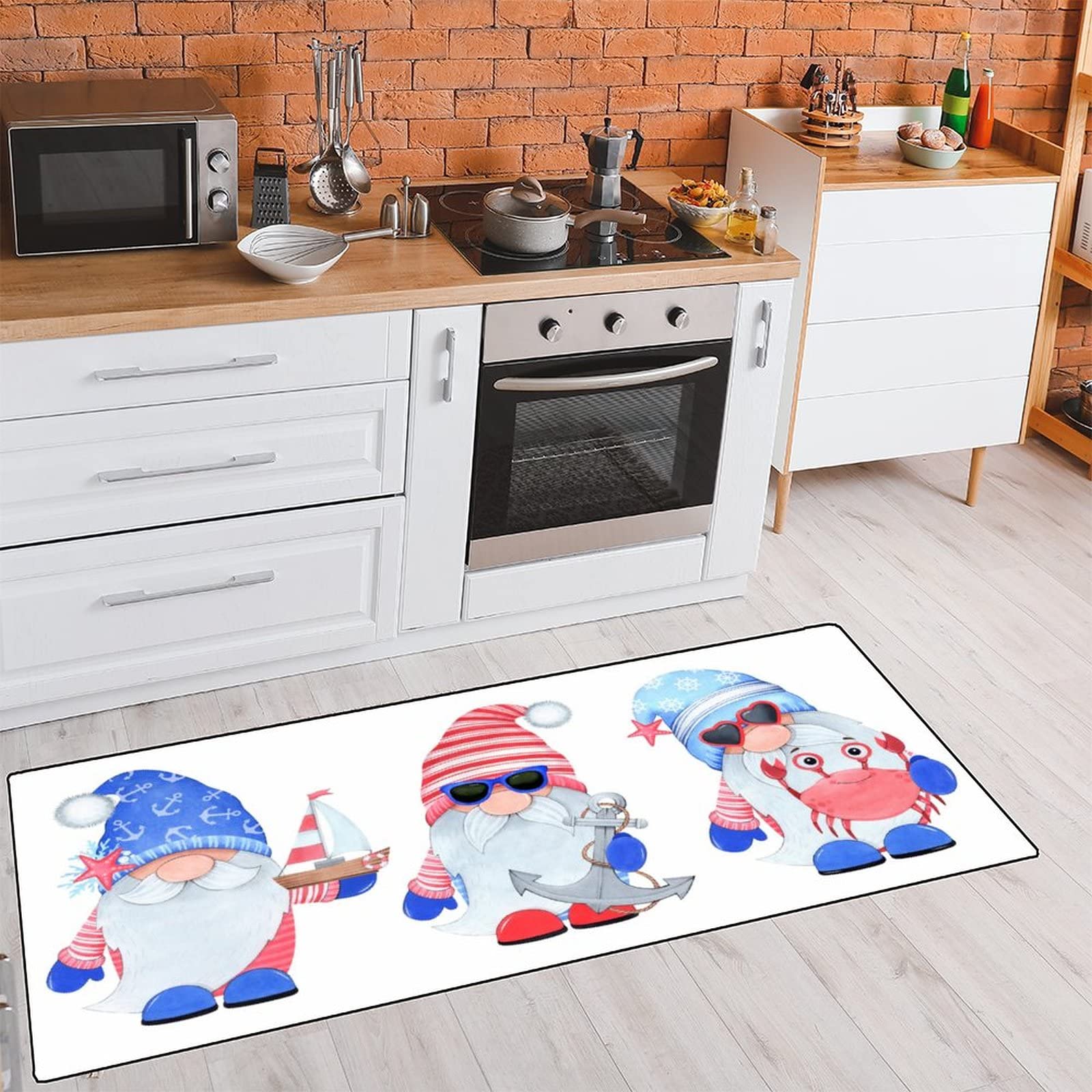 TsyTma Beach Gnomes with Anchor Ship Kitchen Rug Hello Summer Floor Mats Washable Non-Slip Bathroom Rug Runner Laundry Room Home Decor 39x20 Inch