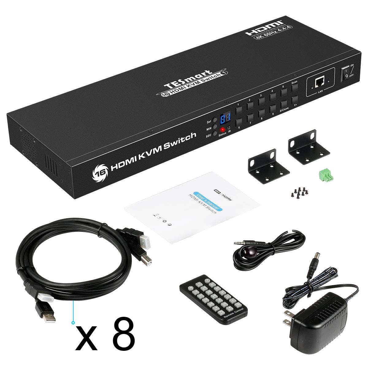 TESmart 16x1 HDMI KVM Switch 16 Port Enterprise Grade Support 4K 60Hz Ultra HD Console Rack Mount Switcher with 8 Pcs 5ft KVM Cable,USB 2.0 Device Control up to 16 PCs/Servers,RS232,LAN Port Control