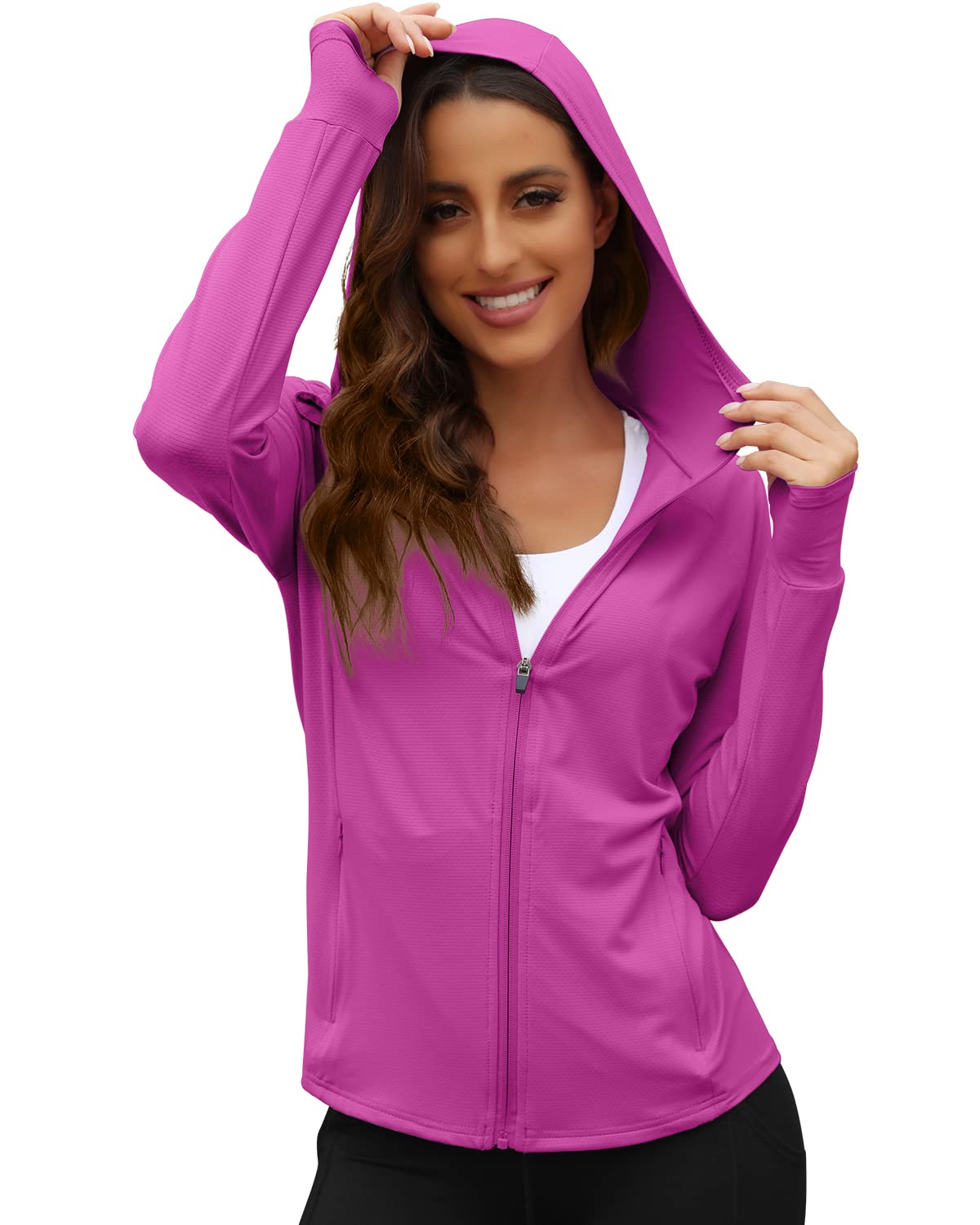 We1Fit Women's UPF 50+ Sun Protection Jacket Hoodie Sun Shirts Hiking Running Athletic Shirt Rose Red