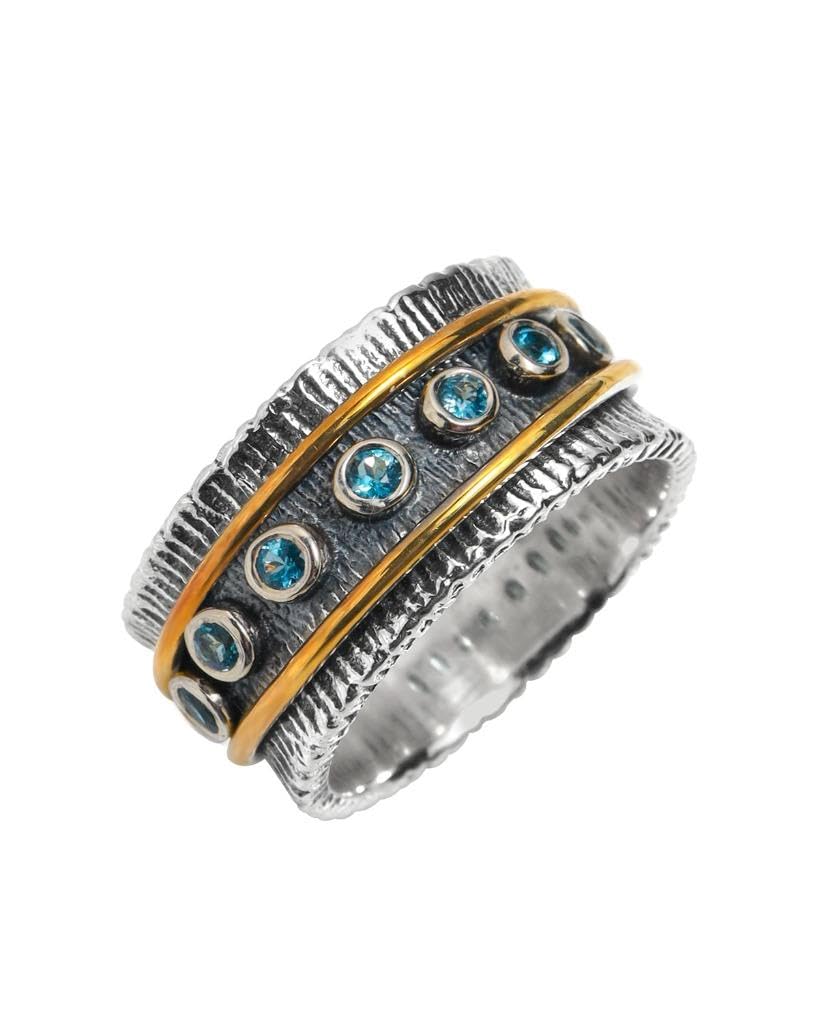 YoTreasure London Blue Topaz Oxidized 925 Sterling Silver Brass Spinner Ring