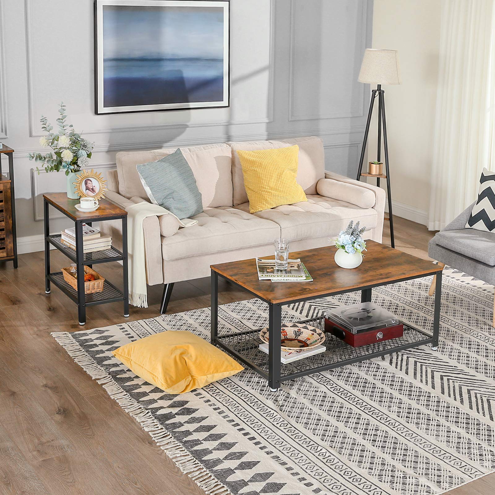 VASAGLE Bryce Side Table, End Table, Decorative Table with 2 Mesh Shelves, Hallway, Living Room, Bedroom, Office, Narrow, Stable, Space Saving, Easy Assembly, Industrial Design, Rustic Brown ULET33BX
