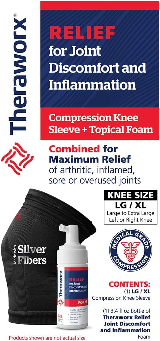 THERAWORX RELIEF Value Pack Joint Discomfort & Inflammation Foam 3.4oz, Plus One Knee Compression Sleeve - Large/X-Large