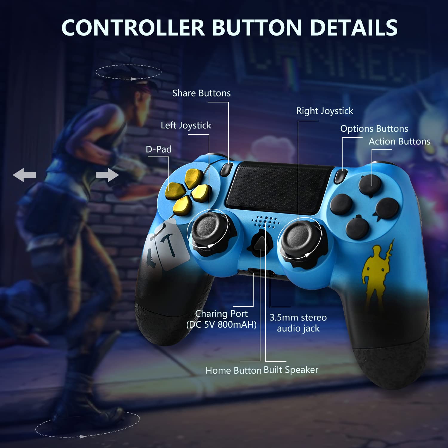 Repalcement for Wireless Custom PS4 Game Joystick Controller with One Pair of Thumb Grips, Compatible with PS4/Slim/Pro...