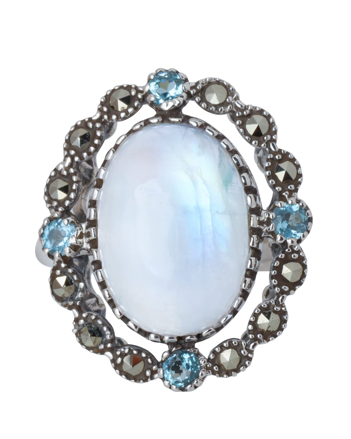 YoTreasure Moonstone Swiss Blue Topaz Marcasite 925 Sterling Silver Bold Ring Jewelry