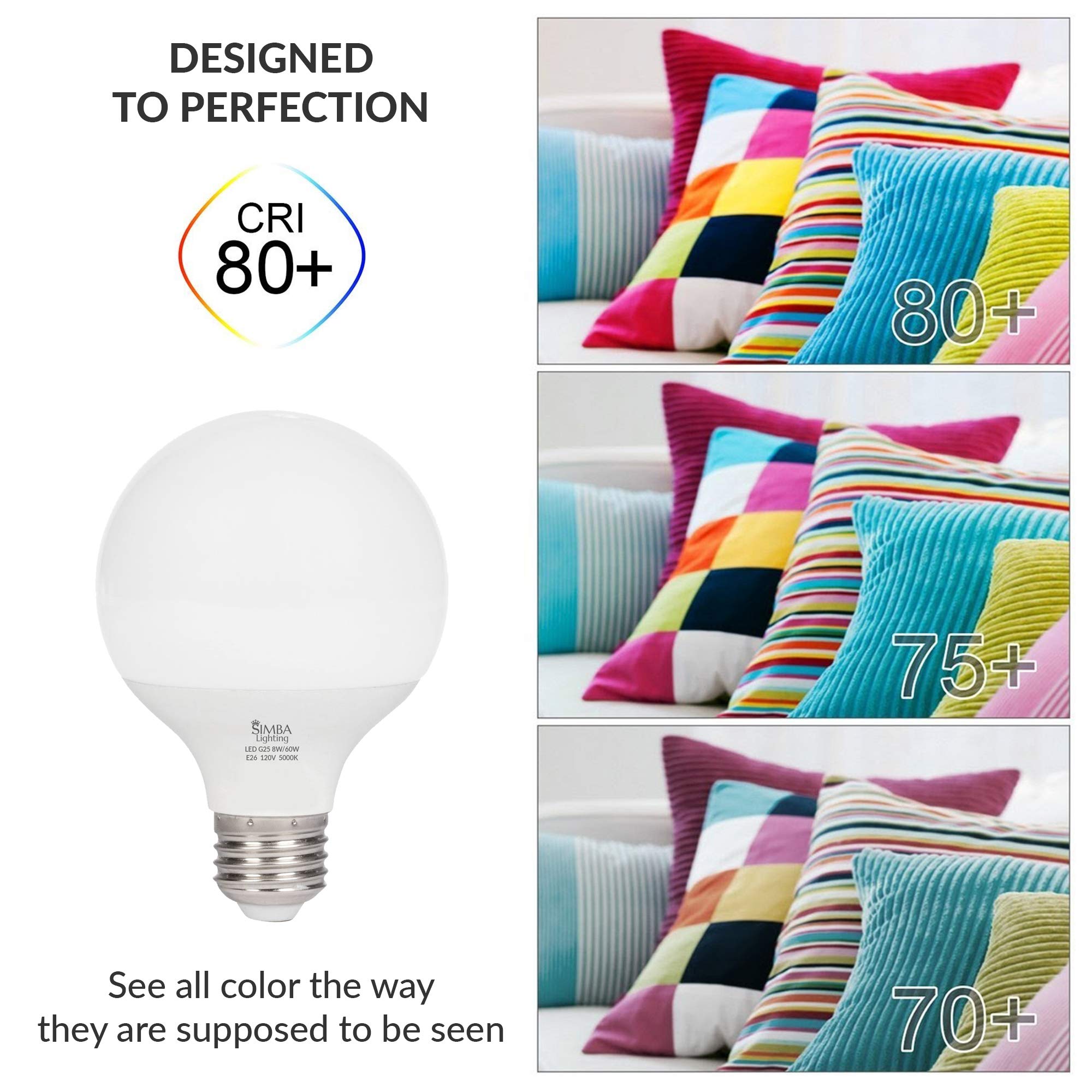 Simba Lighting LED Vanity Globe G25 (G80) Light Bulb for Bathroom, Makeup Mirror | Decorative White Frosted Cover, 8W, 60W Equivalent, 120V, Standard E26 Medium Base, Daylight 5000K, Pack of 3