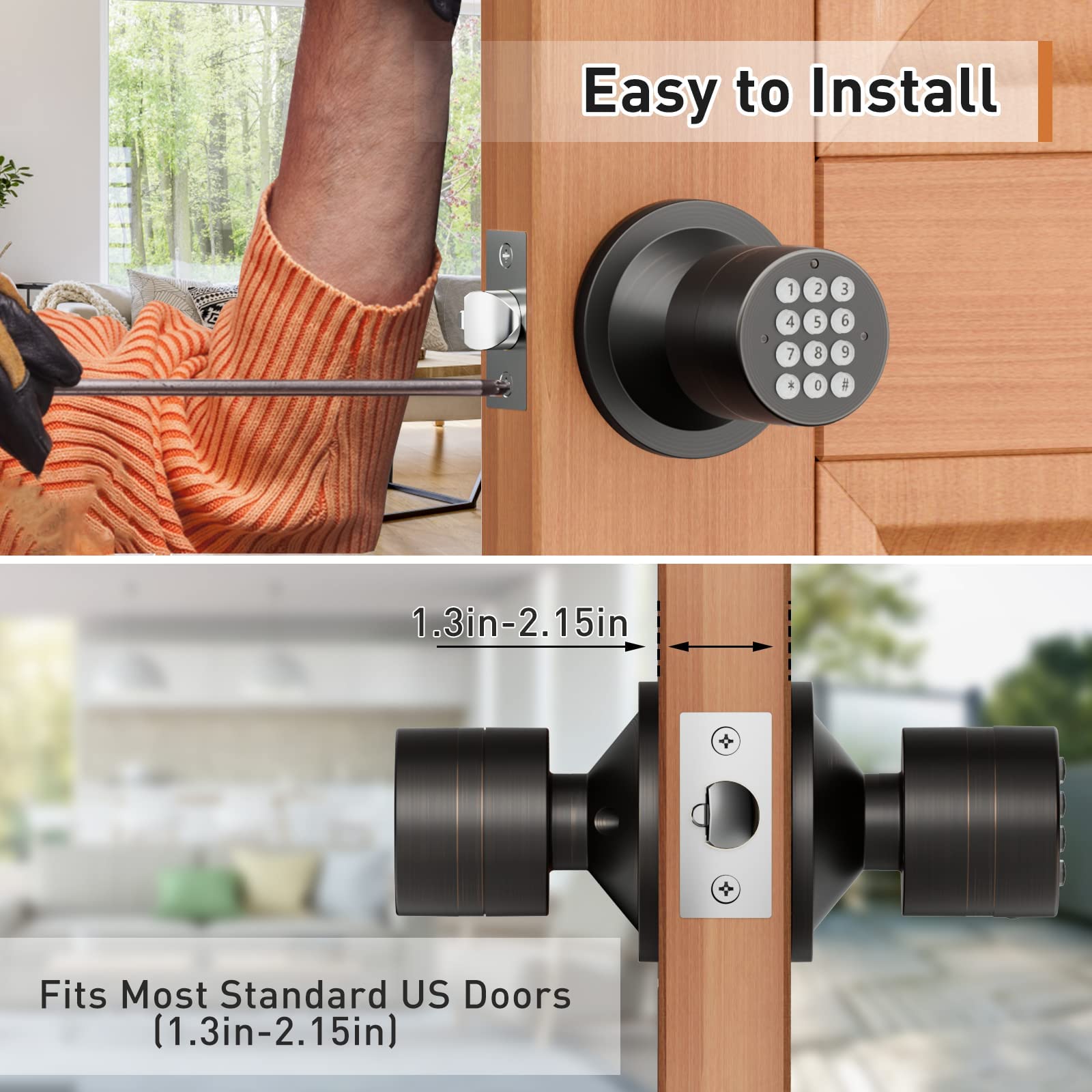 Signstek Keyless Entry Door Lock,Door Knob with Keypad,Smart Code Door Lock,Mute mode,Passage function, Easy to Install,Oil Rubbed Bronze