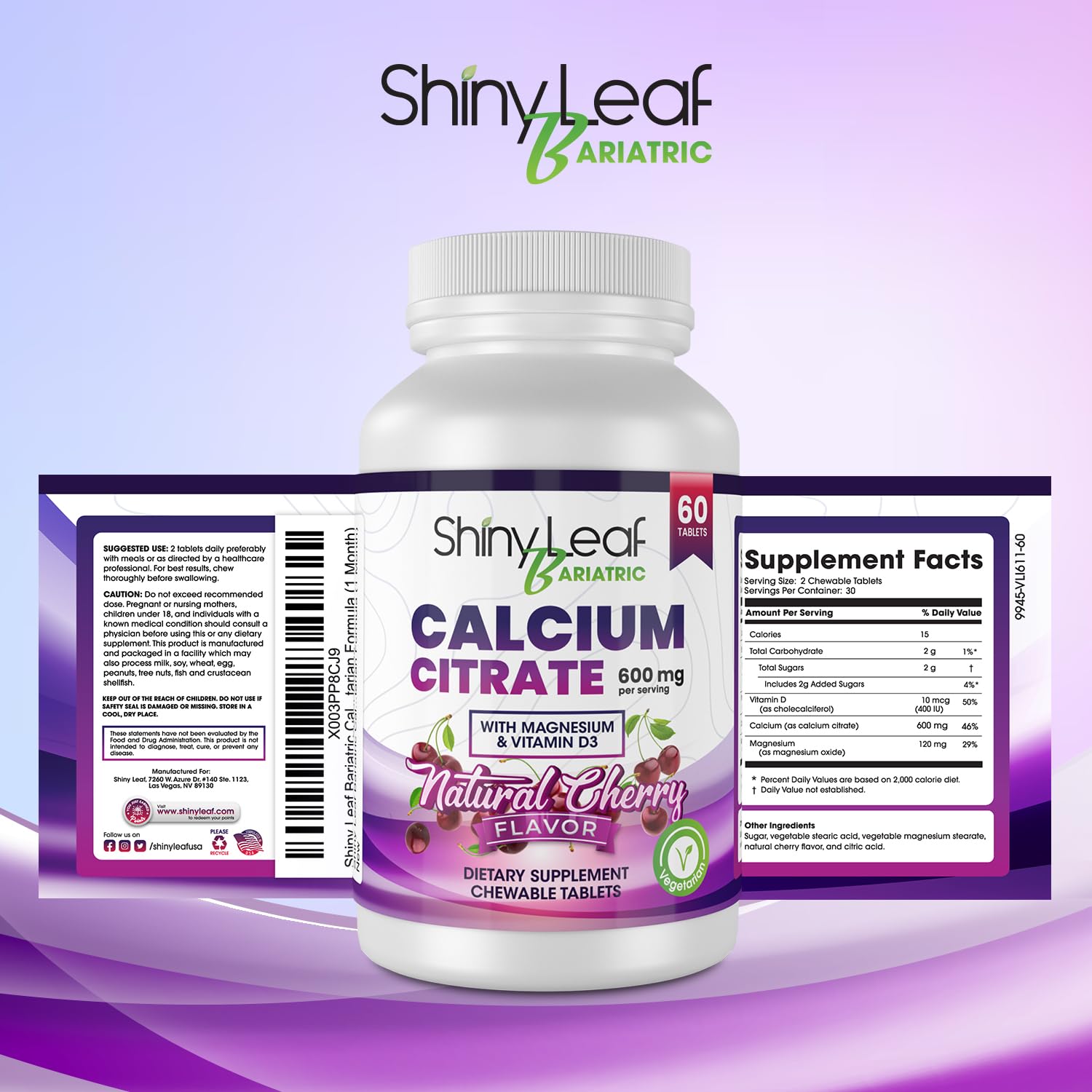 Shiny Leaf Bariatric Calcium Citrate 600 mg Supplement for Bariatric Surgery Patients, 60 Ct Chewable Tablets with Magnesium, Vitamin D3, Natural Cherry Flavor, Vegetarian (1 Month)