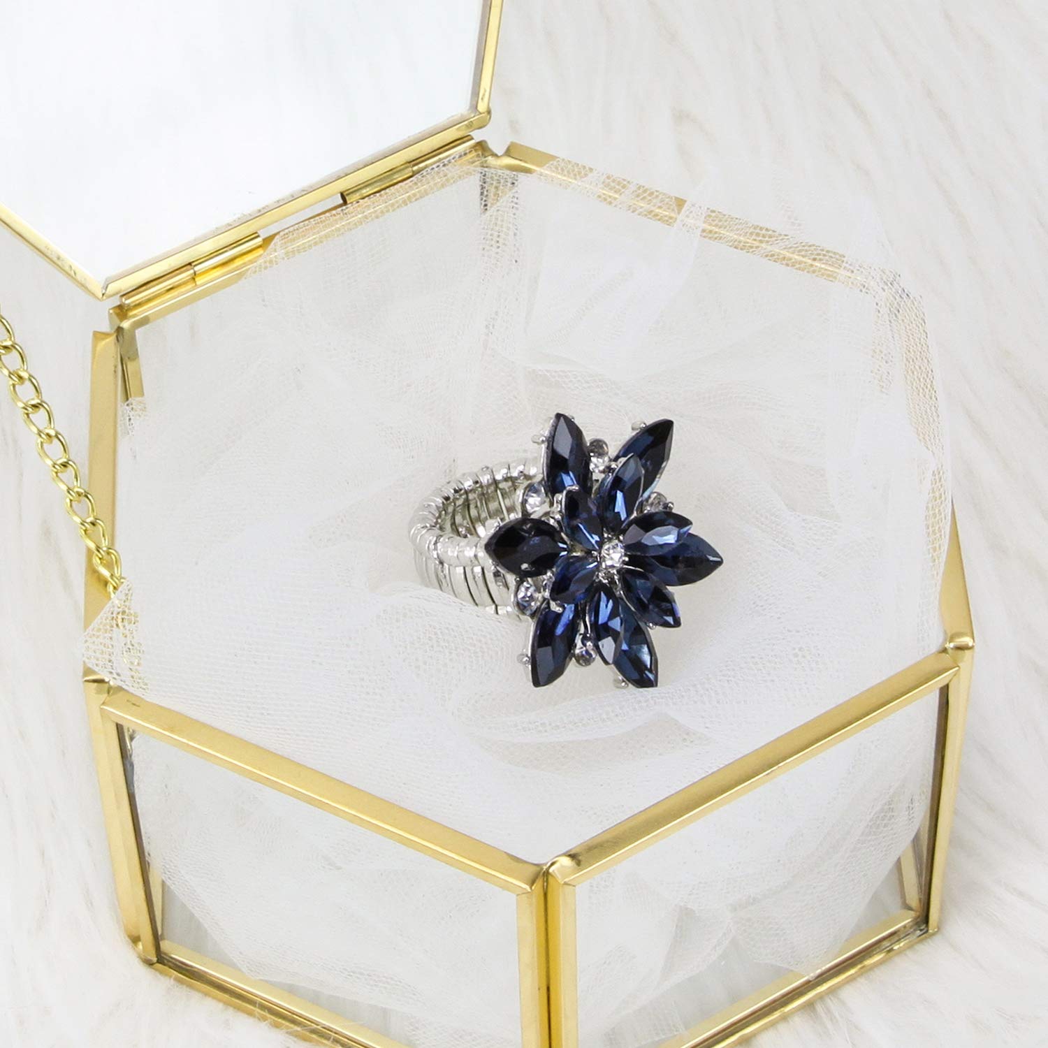 SP Sophia Collection Women's Sparkly Flower Burst Crystal Cluster Stretch Ring in Navy