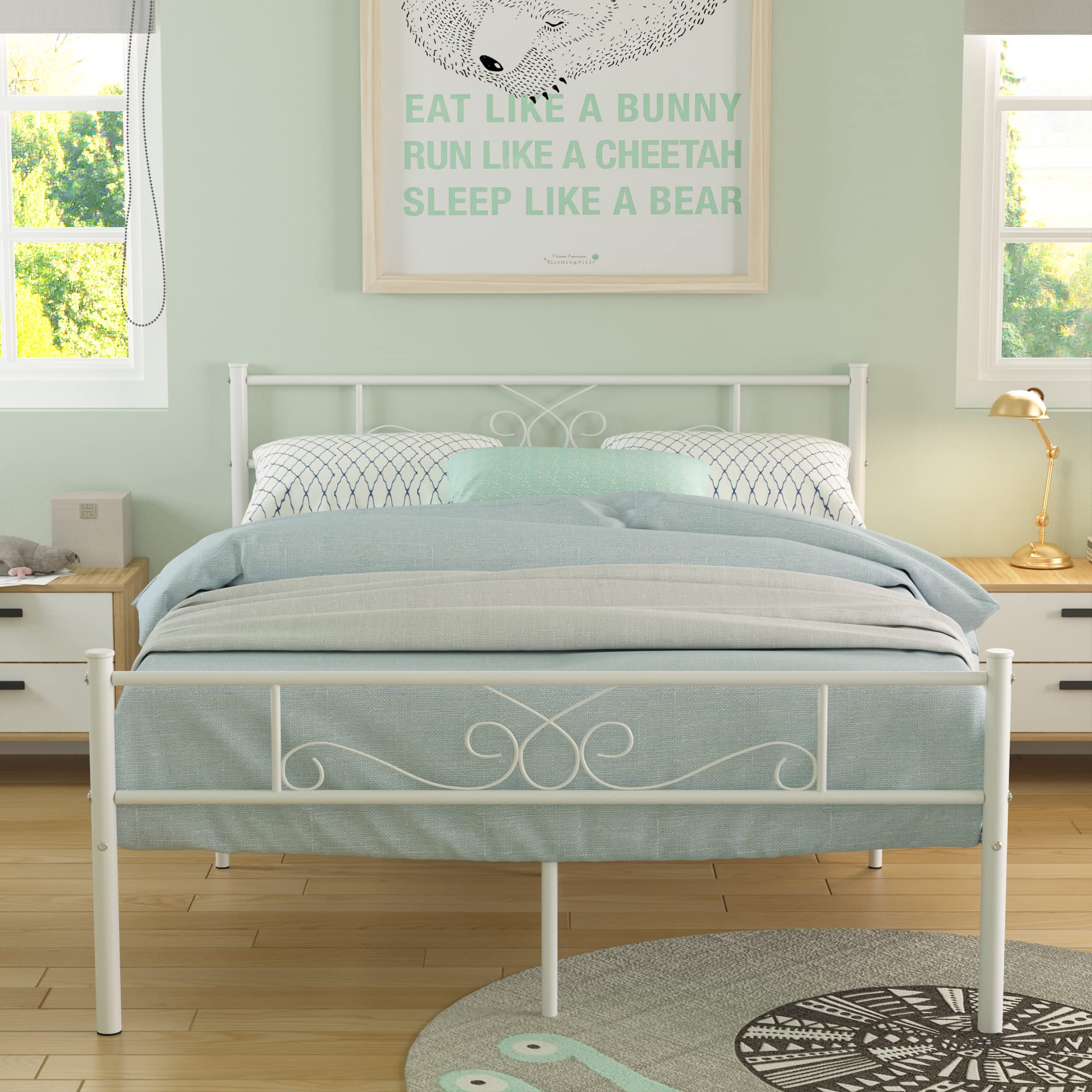 SimLife Full Bed Frame with Headboard and Footboard Mattress Foundation Support Metal Platform Bed No Box Spring Needed, Popular Style White