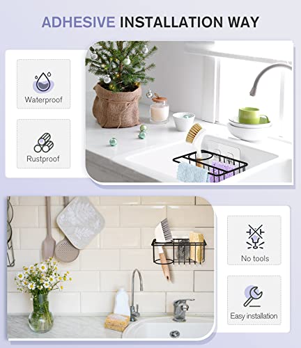 VIS'V 3 in 1 Sink Caddy Sponge Holder, 304 Stainless Steel Adhesive Kitchen Sink Basket Sponge Holder Brush Holder Dishcloth Hanger Kitchen Sink Accessories Organizer Rack with 2 Suction Cups - Black