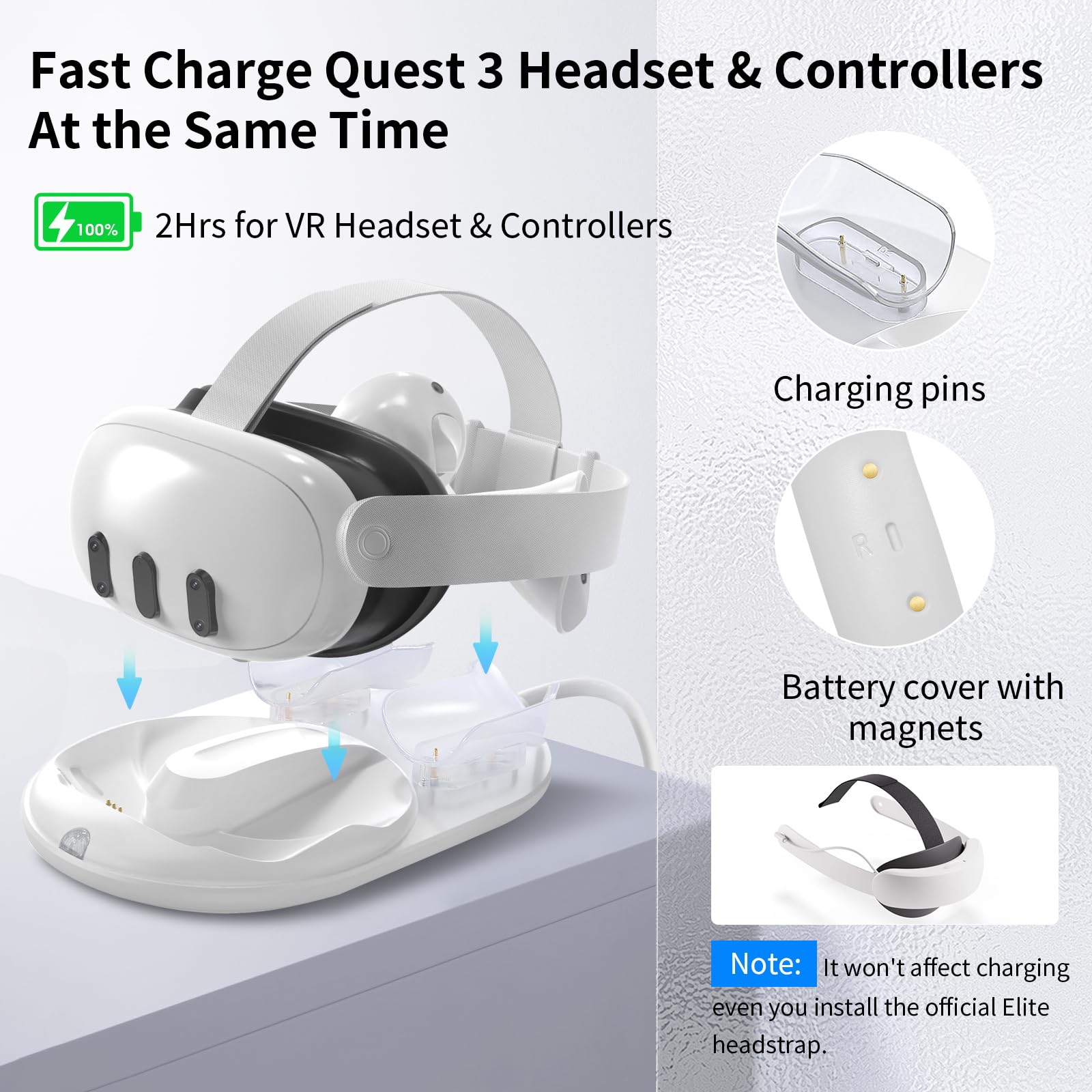 TiMOVO Charging Dock for Oculus Meta Quest 3, Magnetic Fast Charger Station for Headset & Controllers with 45w Power Adapter, Quest 3 Charging Station with LED Light & 2 Rechargeable Batteries, Blue