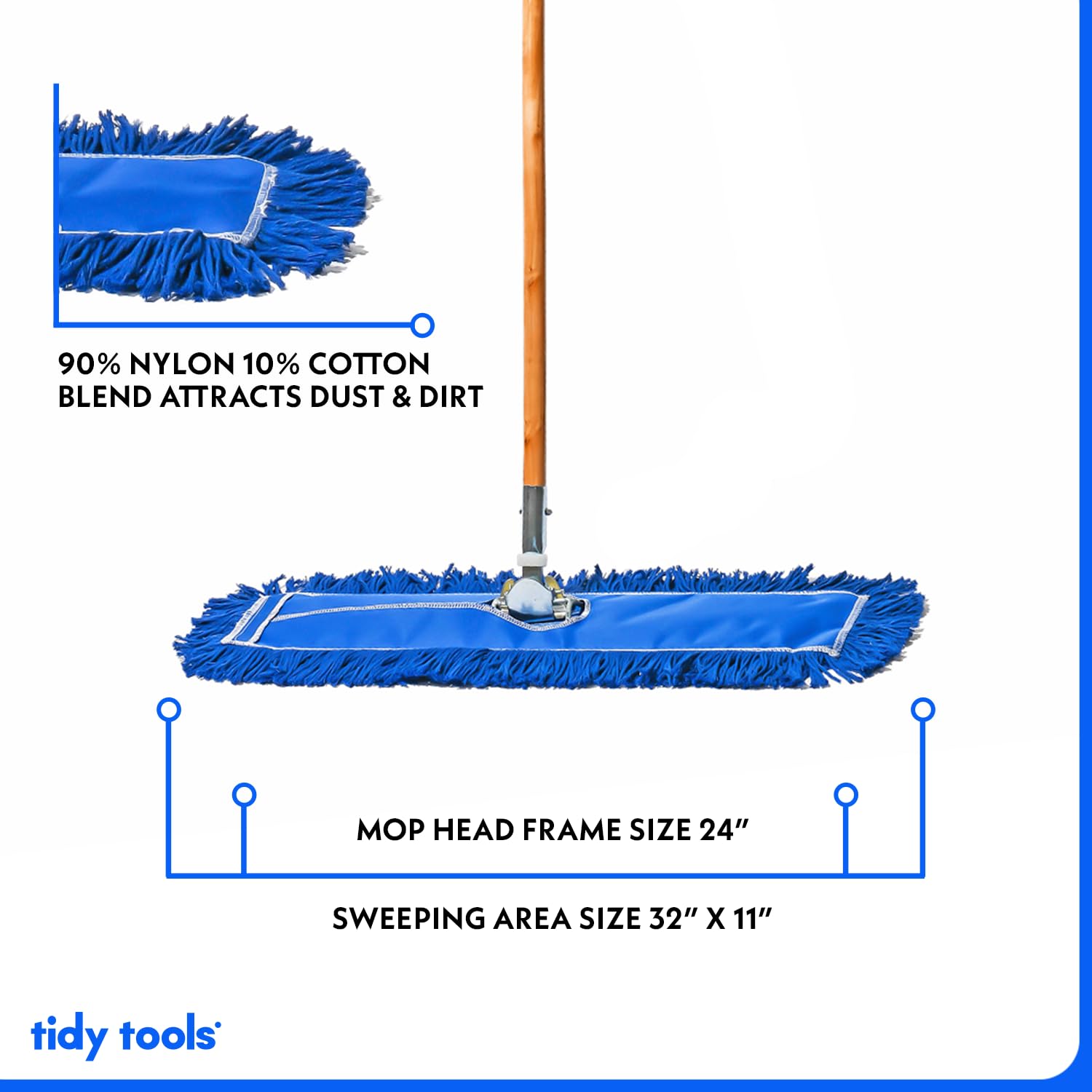 Tidy Tools Commercial Dust Mop & Floor Sweeper β 24 x 5 in. Cotton Nylon Reusable Mop Head, 63 in. Wooden Broom Handle β Industrial Dust Mops for Floor Cleaning & Janitorial Supplies, Blue