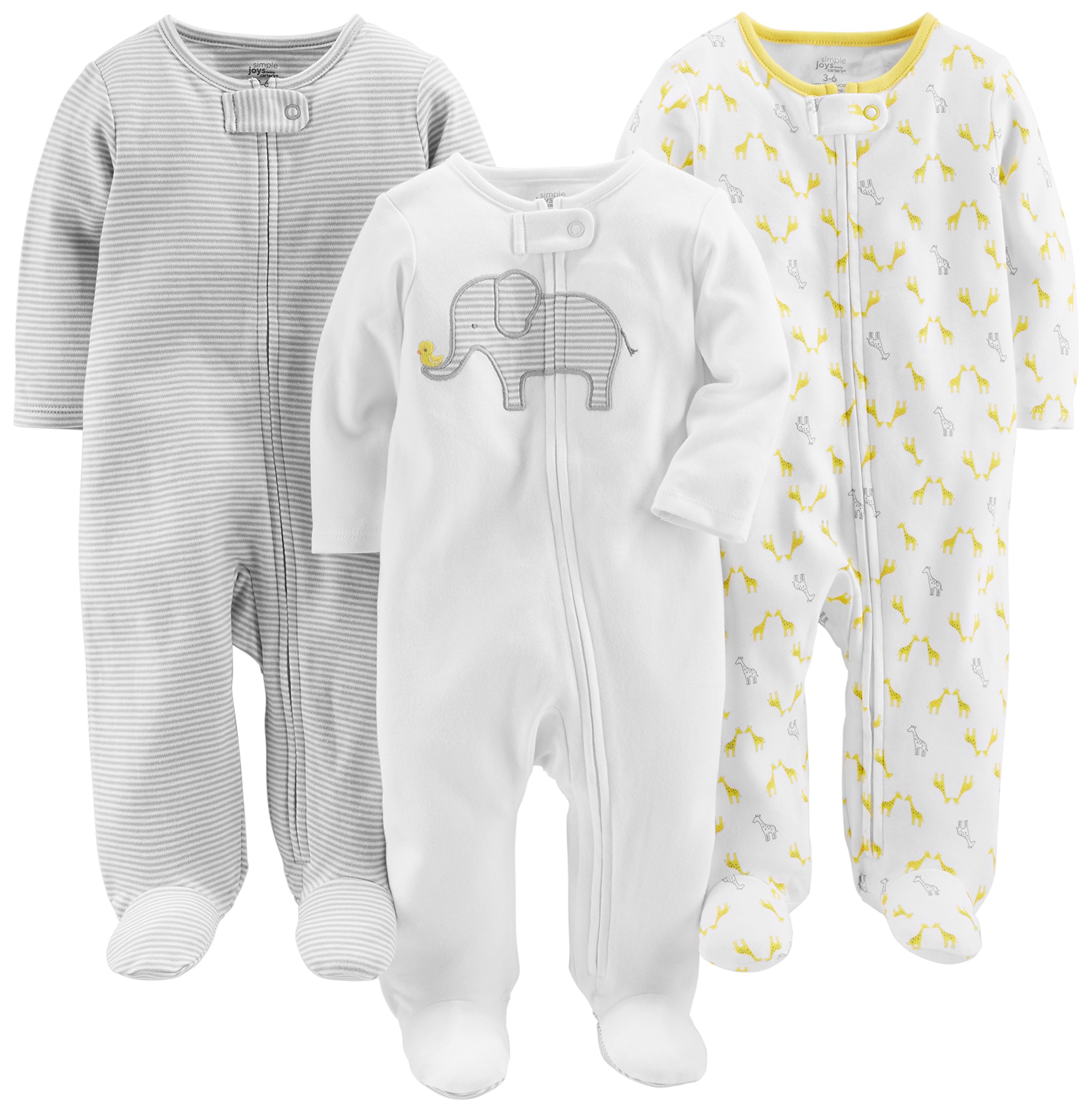 Simple Joys by Carter's Baby 3-Pack Neutral Sleep and Play, Light Grey Mini Stripe/White Elephant/Giraffe, 6-9 Months