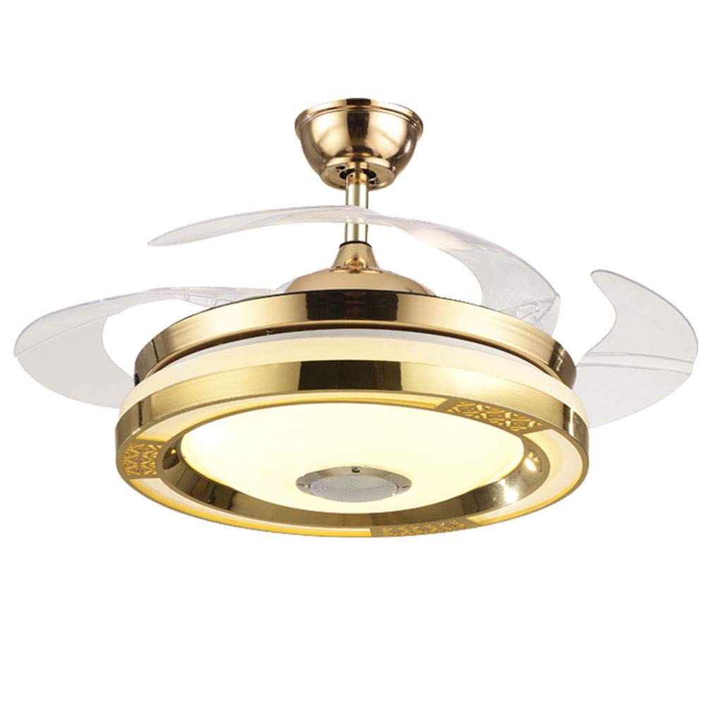 TFCFL 42'' Modern Music Ceiling Fan with Light, Invisible Smart Chandelier Fan with Bluetooth Player Remote Control 4 Retractable Blades 3 Colors for Dining Room Bedroom (Gold)