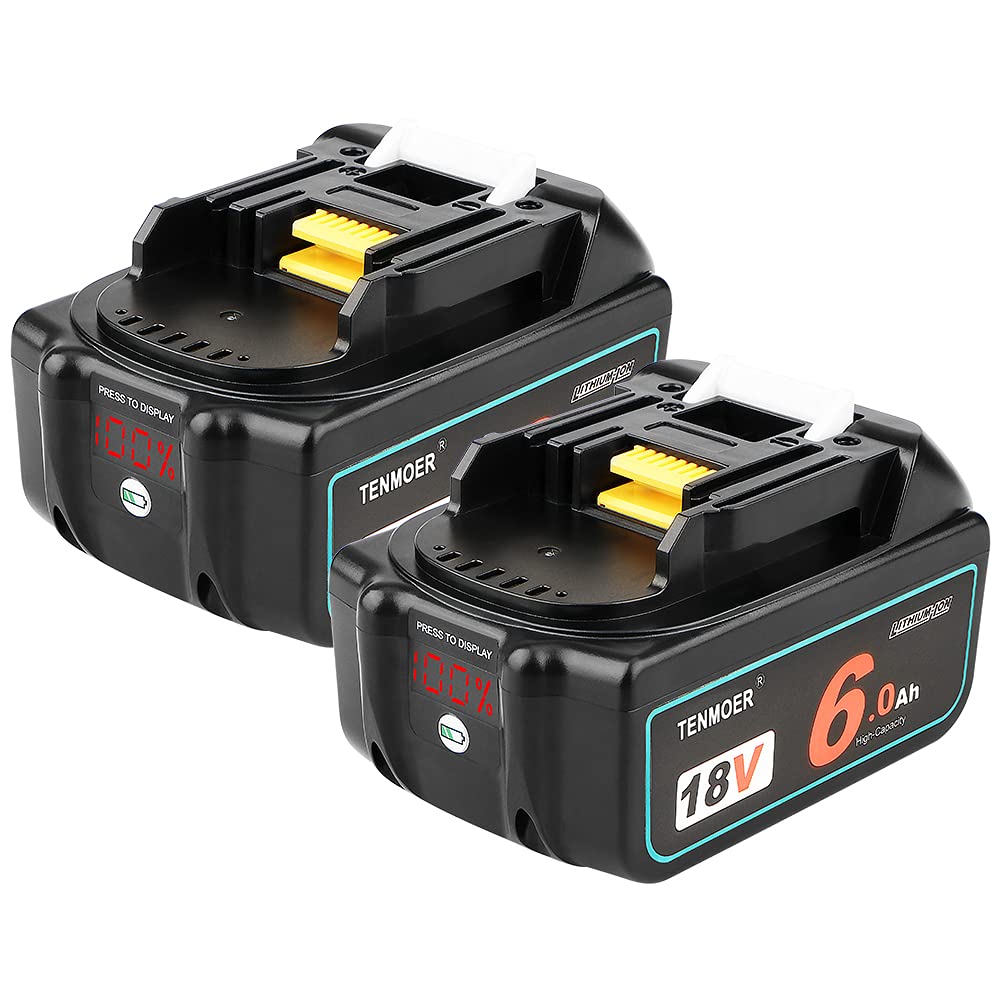 TENMOER 2-Pack 18V 6.0Ah BL1860 Replacement Battery Compatible with Makita 18V BL1830B BL1860B BL1840B BL1815 with Digital Indicator
