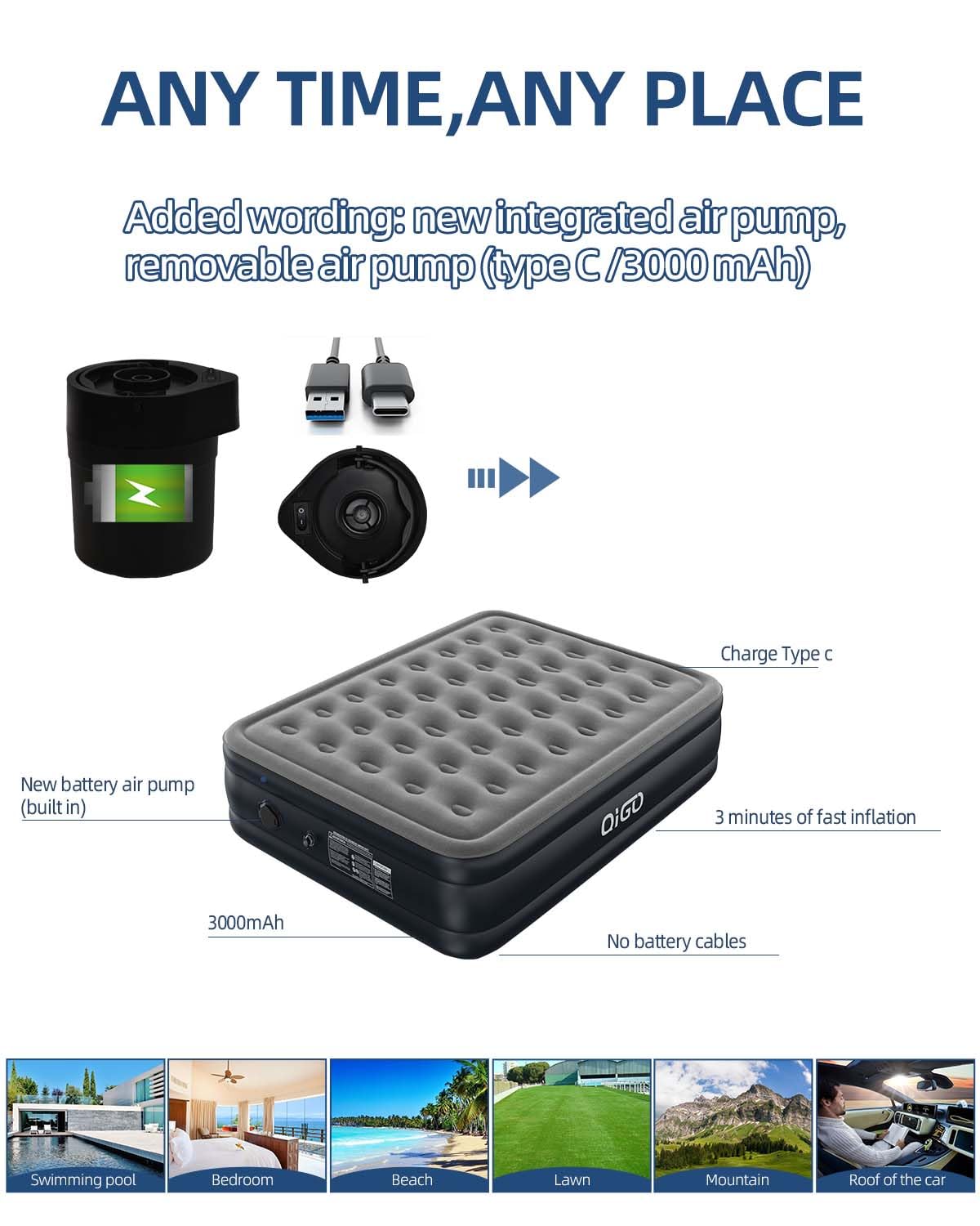 QIGO Air Mattress Queen Size with Chargeable Battery Built in Pump, Blow up Mattress for Camping, Home and Guests, Quick Self Inflating Air Bed, Colchon Inflable - Portable, Comfortable and Durable