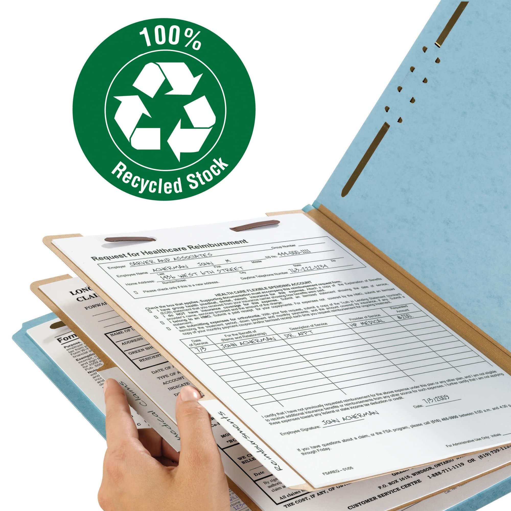 Smead 100% Recycled Pressboard Classification File Folder, 2 Dividers, 2" Expansion, Letter Size, Blue, 10 per Box (14021)