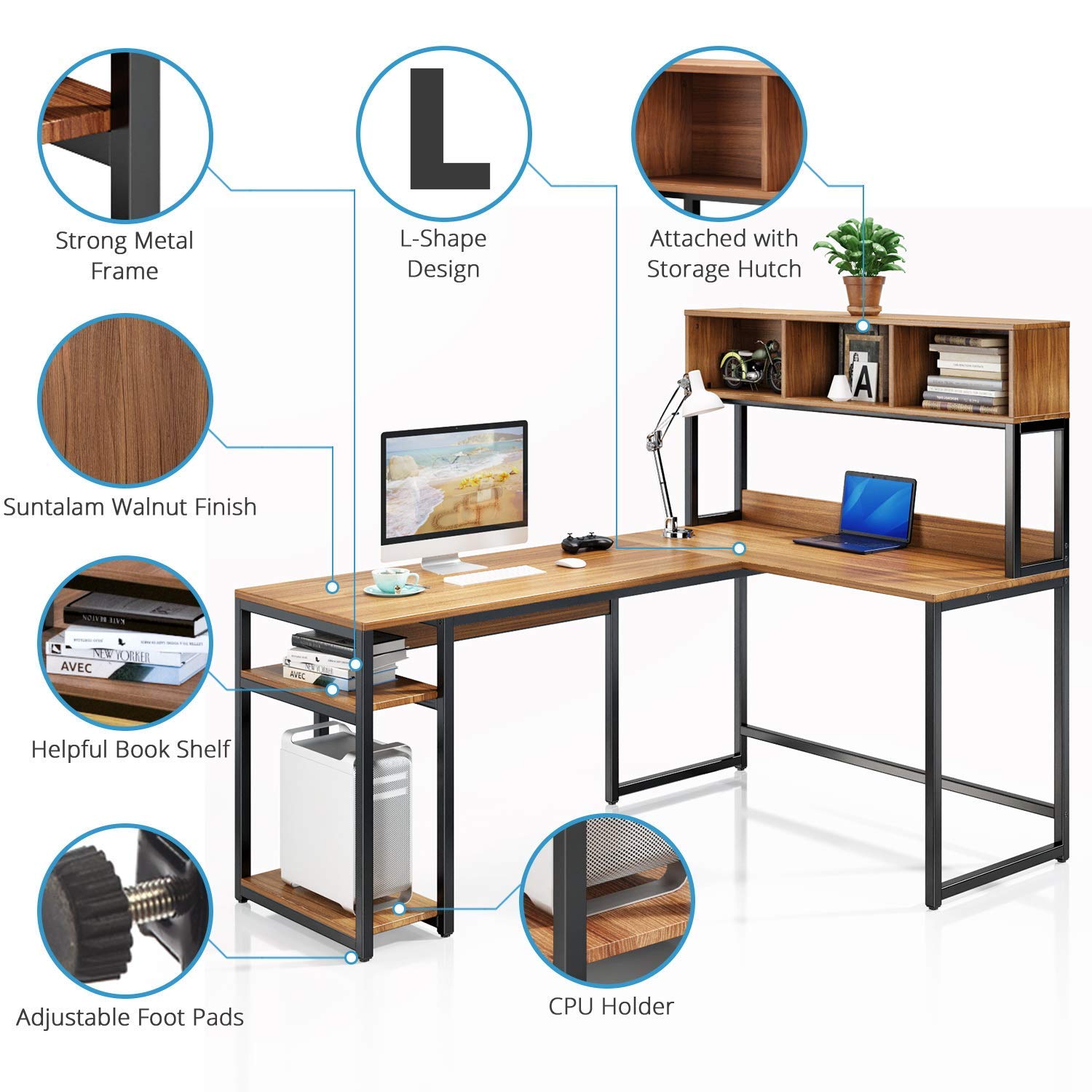 VIPEK L-Shaped Desk with Hutch, 69" Large Computer Desk Gaming Table PC Table Workstation Study Writing Table with Storage Bookshelf, Space Saving Corner Desk for Home Office, Suntalam Walnut