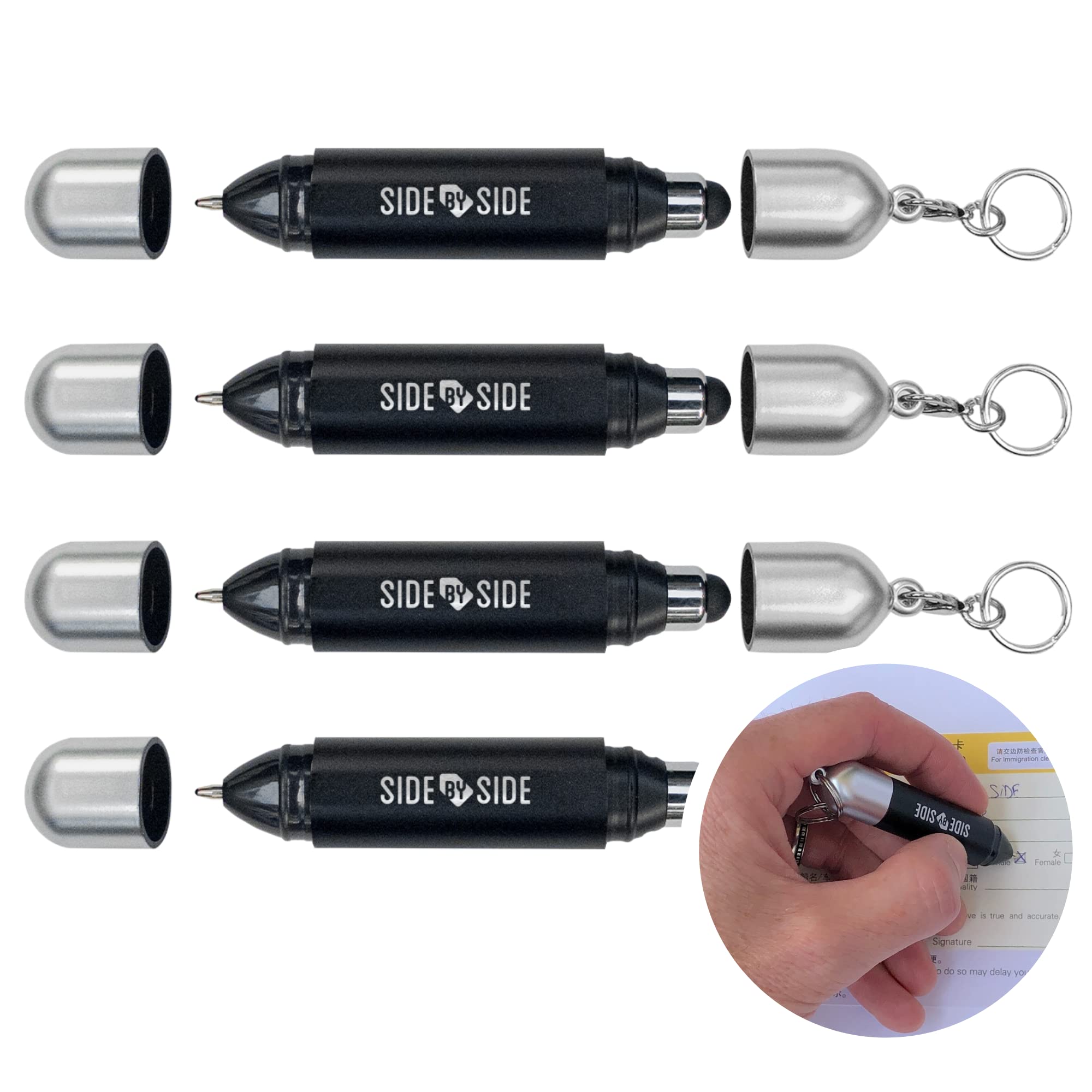 Side by Side Mini Travel Pen Keychain | Compact Ballpoint Pen + Small Stylus for Touchscreens | (Pack of 4x)