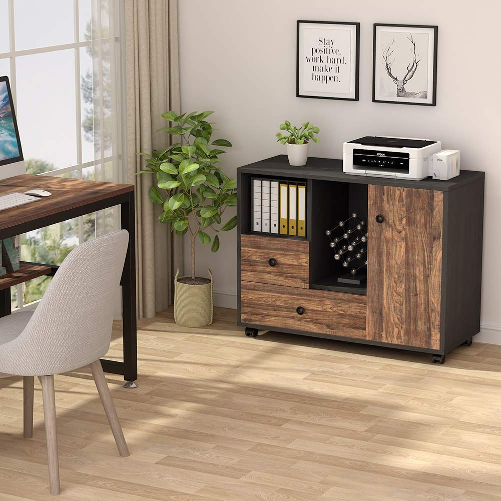 Tribesigns File Cabinet, Lateral Mobile Filing Cabinets with 2 Drawer Large Rolling Printer Stand with Wheels, Open Storage Shelves and Door for Home Office