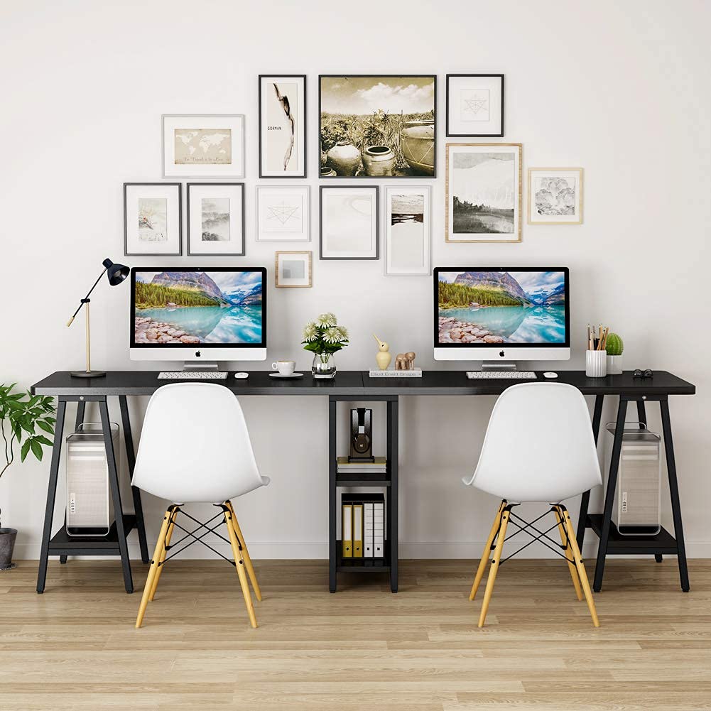 Tribesigns Two Person Desk, 94.5 Inch Double Computer Desk with Storage Shelves, Large Gaming Desk Studying Writing Workstation for Home Office, Black