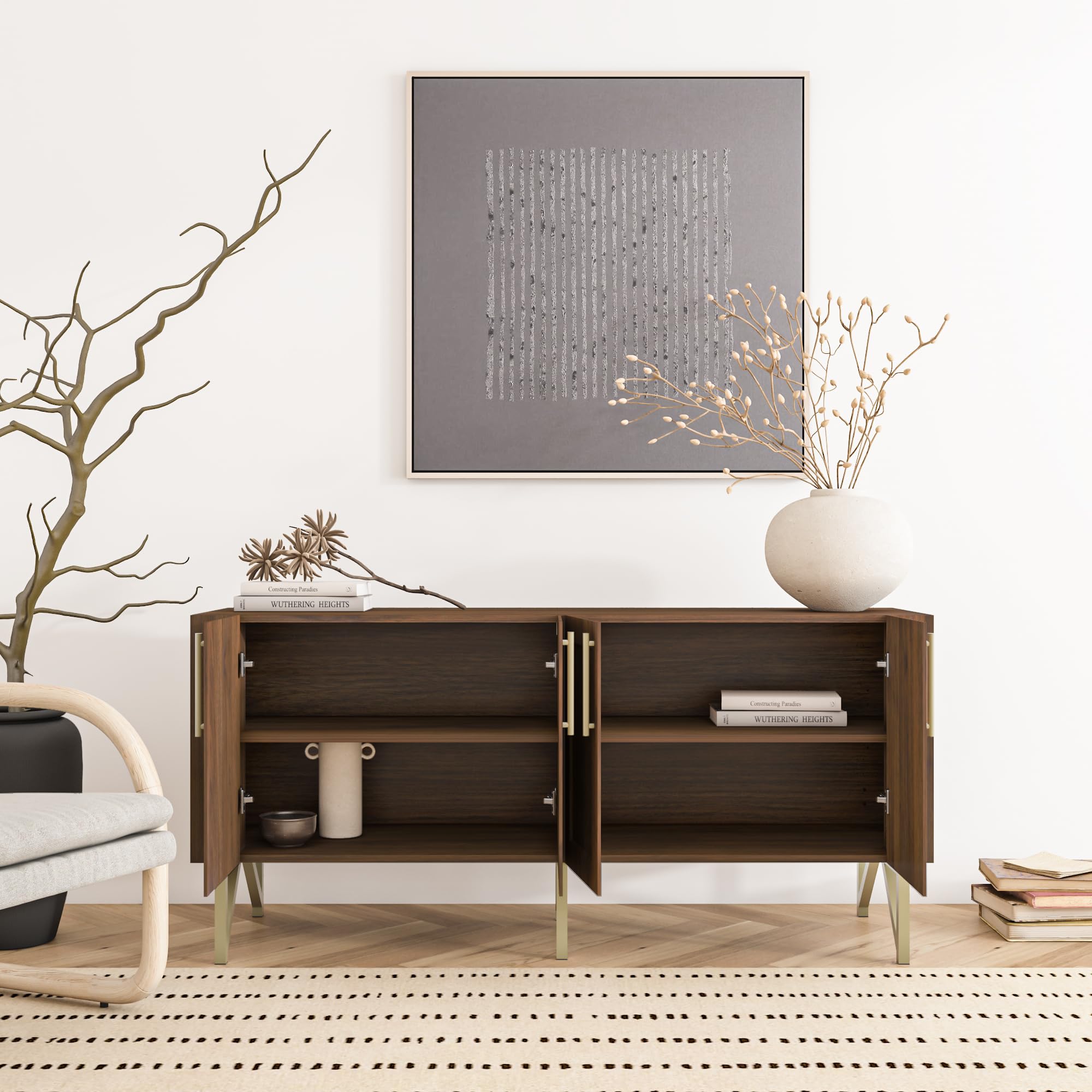 Tilly Lin 65" Mid Century Modern TV Stand, Modern Credenza Sideboard Buffet Cabinet, Walnut Media Console for Living Room, Boho Entertainment Center with Storage, Gold Metal Legs