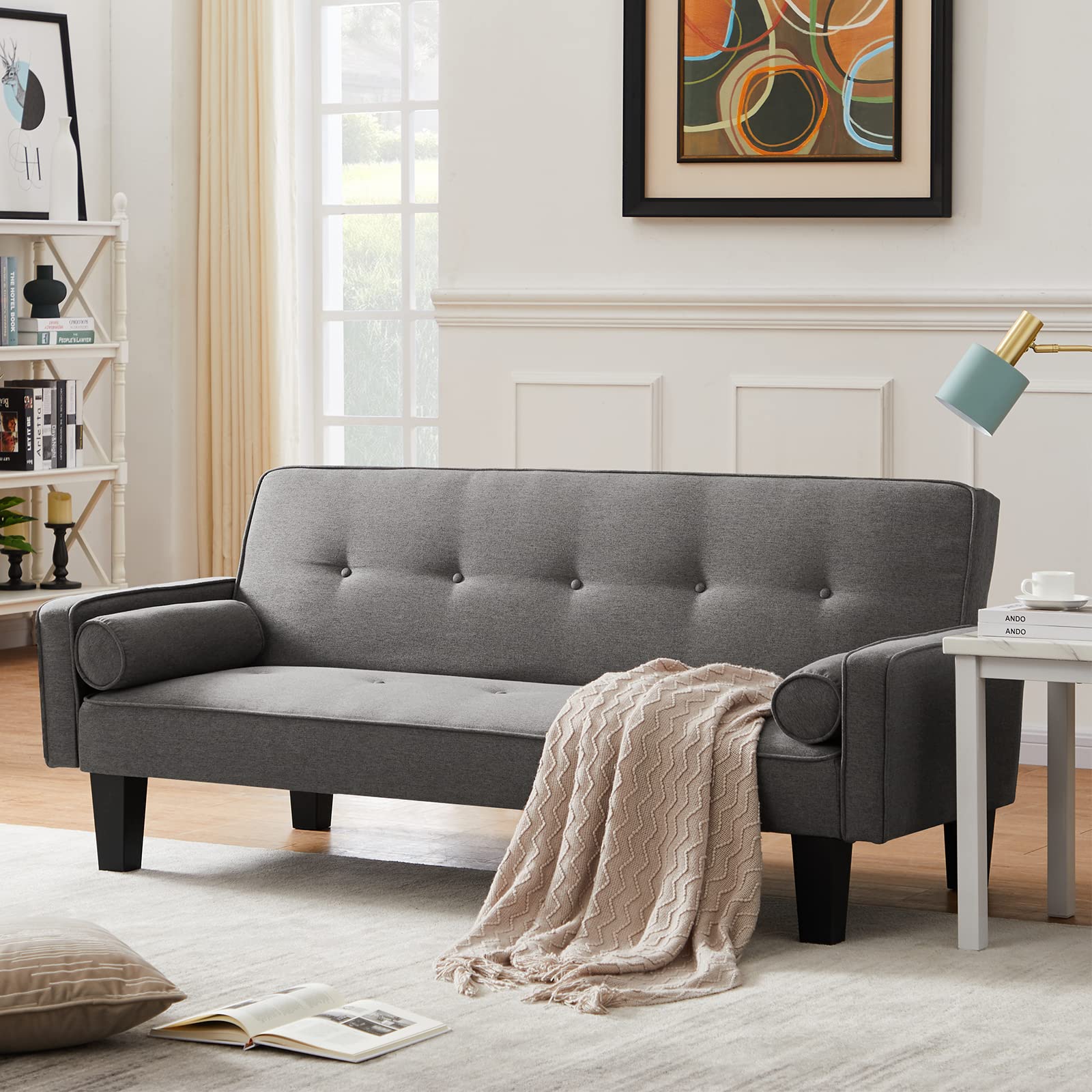 Recaceik Modern Futon Sofa Bed, Convertible Folding Sofa Couch LoveSeat Couch Living Room Folding Sleeper with 2 Pillows Furniture for Small Apartment, Space, Home