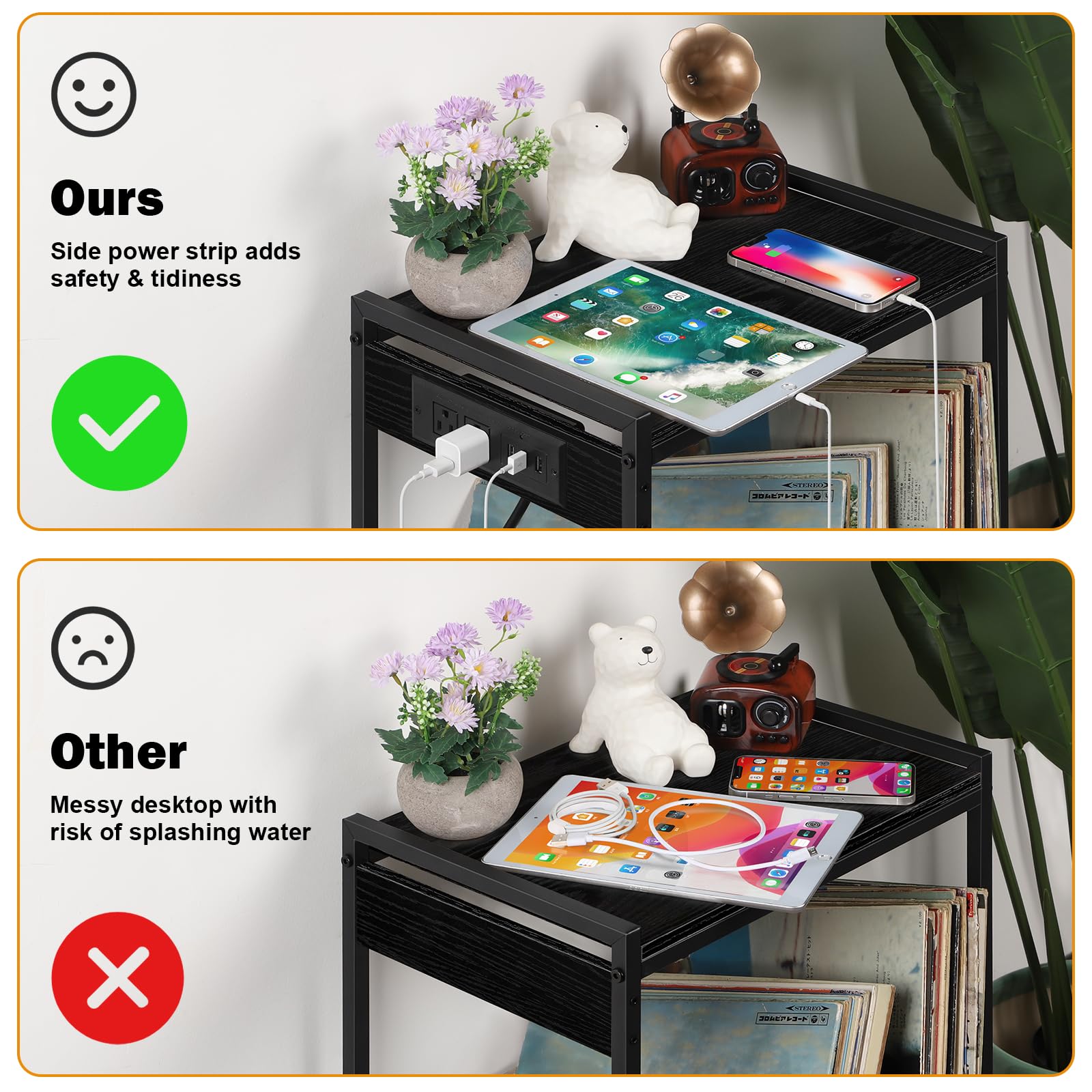Record Player Stand with Charging Station, 2 Tier Record Player Table with 3 Quick-Release Divider, Vinyl Record Stand Storage with 4 Wheels, Turntable Stand for Bedroom Living Room and Office(Rustic Brown)