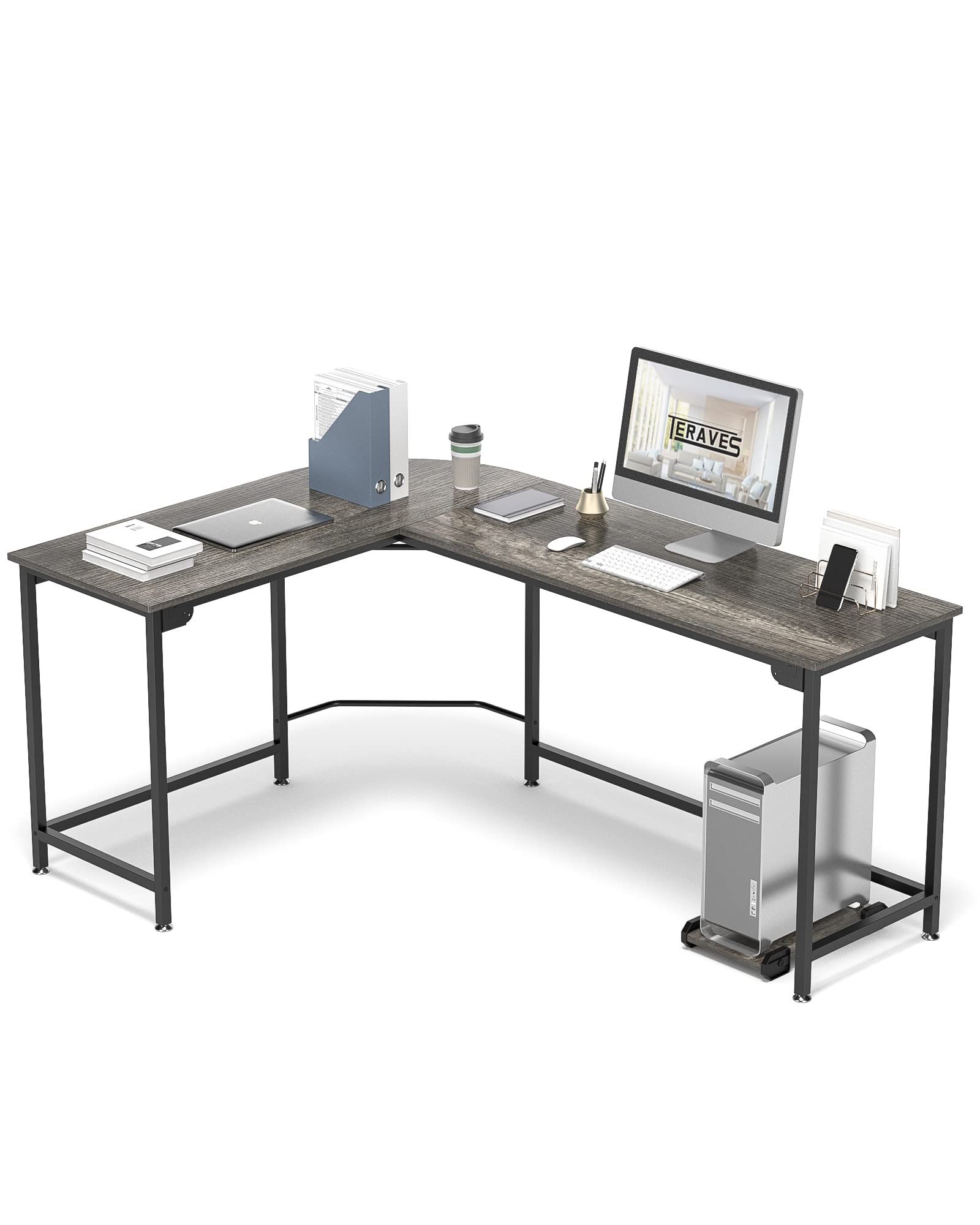 Teraves Modern L-Shaped Desk 58'' Corner Computer Desk Home Office Study Workstation Wood & Steel PC Laptop Gaming Table