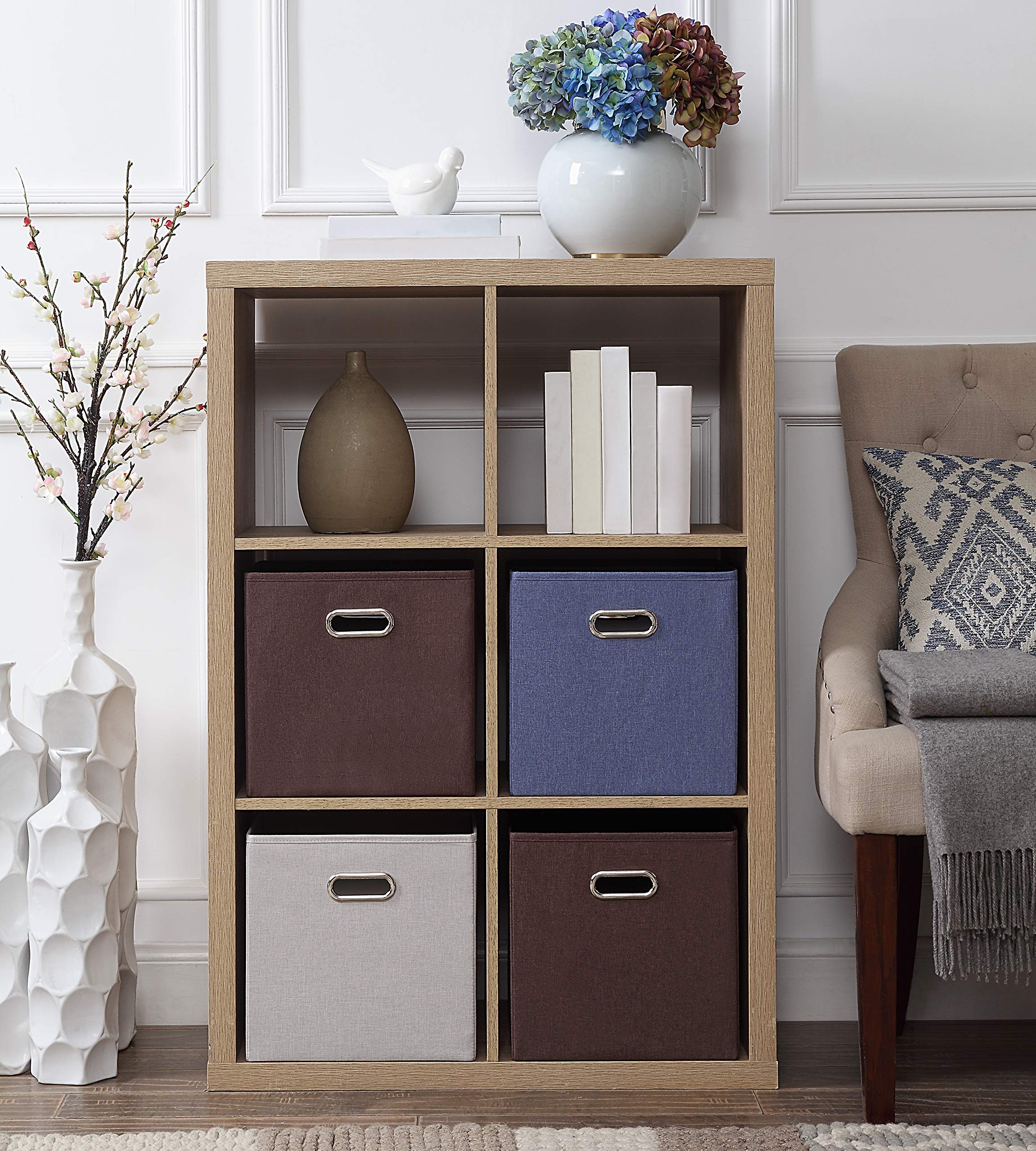 SunnyPoint Cloth Foldable Storage Basket Bin, Foldable Storage Cube Boxes Fabric Drawer with Metal Handle for Closet Shelf, Cabinet, Bookcase (12", Dark Brown)