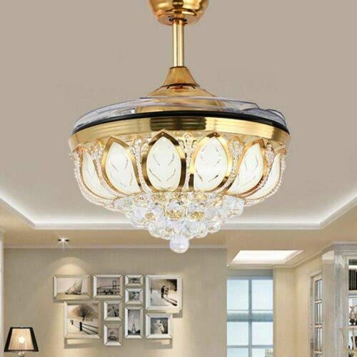 US DELIVER Dimmable 42 inch Invisible Ceiling Fans with Lights and Remote Retractable Blades Crystal Chandelier Fan-Chrome (Golden)