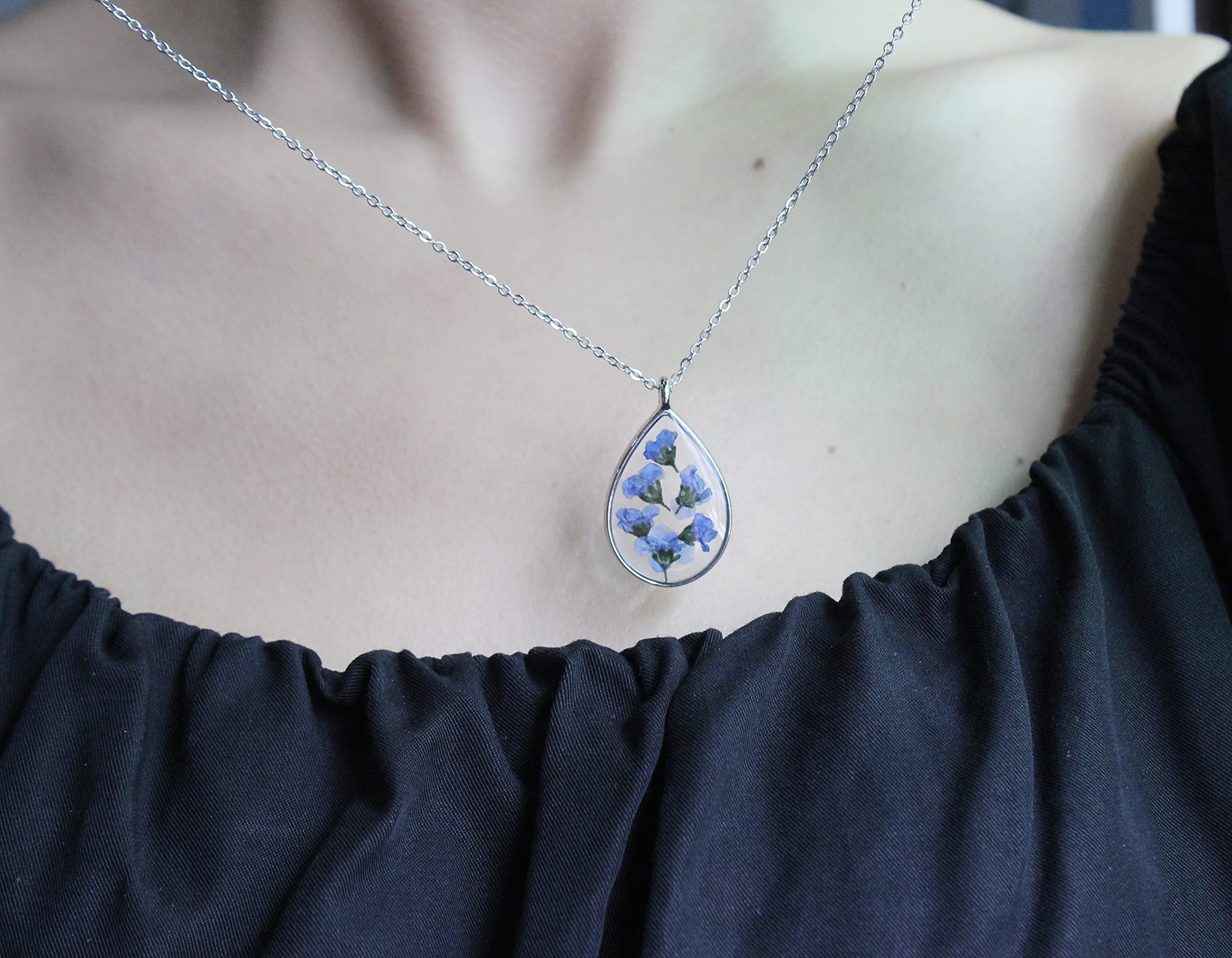 SI EASY Forget Me Not Pressed Flower Necklace, Blue Floral, Real Dried, Botanical Nature, Teardrop Modern Pendant, Girlfriend Gift, Mothers Day