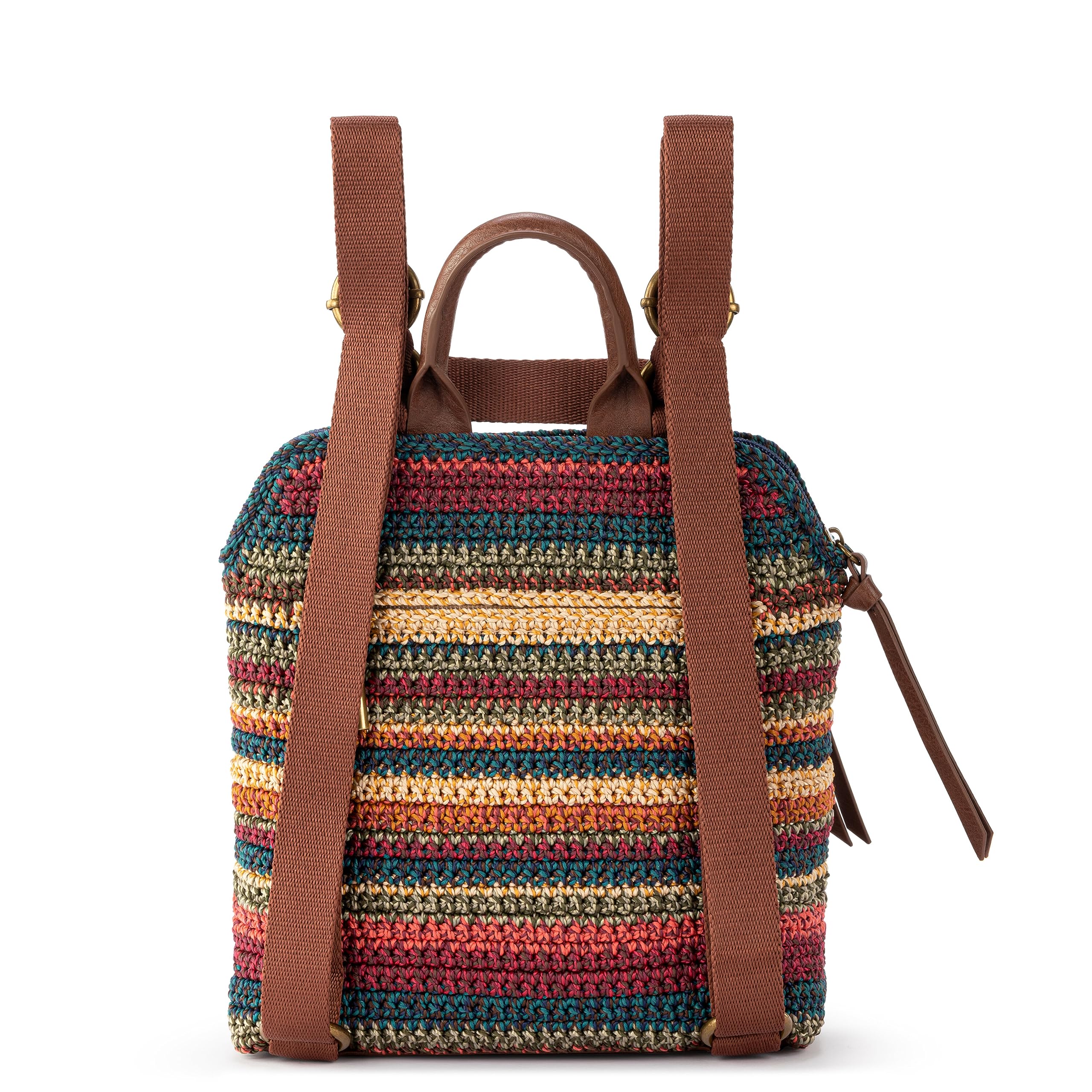 The Sak Loyola Mini Convertible Backpack in Crochet, Adjustable Convertible Strap, Woodland Stripe