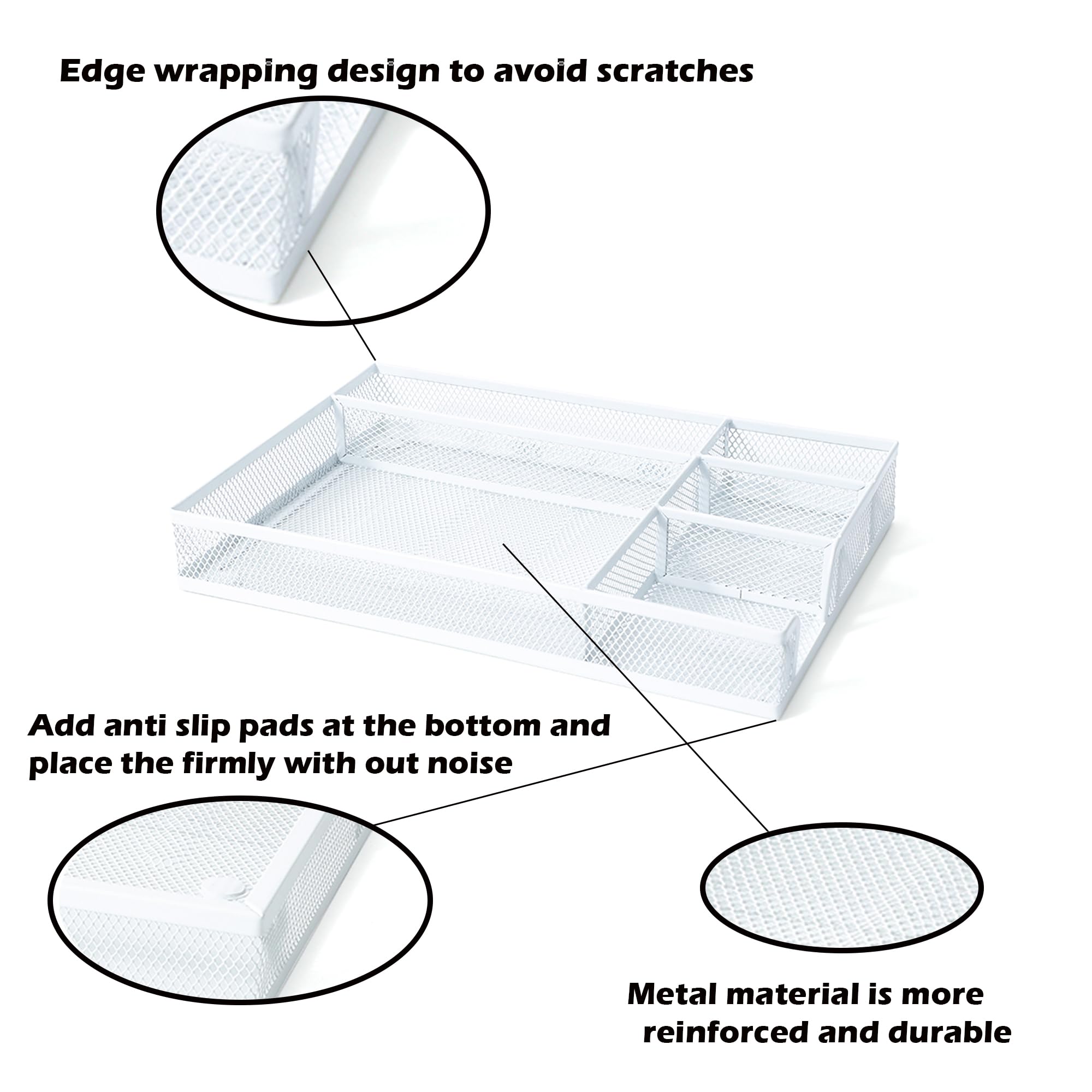YFEEN Office Desk Drawer Organizer Tray, 5 Grid Mesh Utensil Drawer Organizer for Kitchen Drawer Silverware Tray& 1 piece of Plastic Drawer Organizer Kitchen Drawer Multi-use Storage Box,White