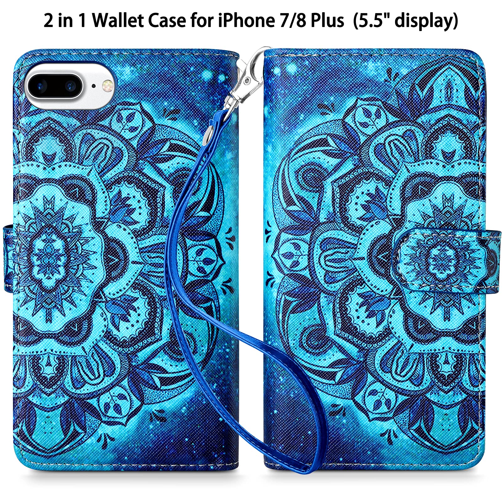 Vofolen 2-in-1 Case for iPhone 8 Plus Case 7 Plus Wallet Card Holder Slot Detachable Strap Protective Slim Hard Shell Magnetic PU Leather Folio Pocket Flip Cover for iPhone 8 Plus 7 Plus Mandala Brown