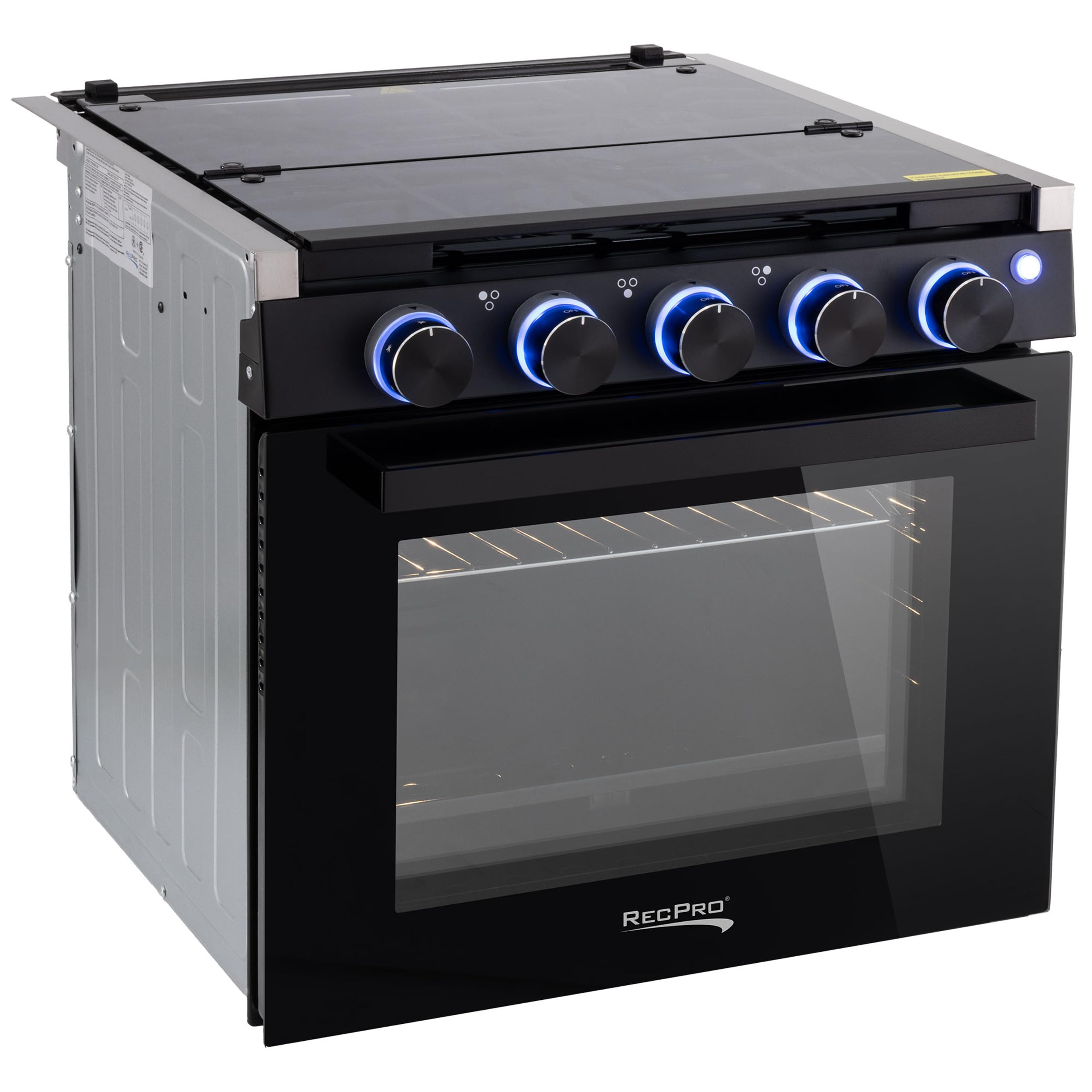 RecPro RV Stove Black Finish | Gas Range 21" Tall | 6500 and 8000 BTU Three Burner | 7100 BTU Oven with 1.8 Cu. Ft. Capacity | Optional Range Hood