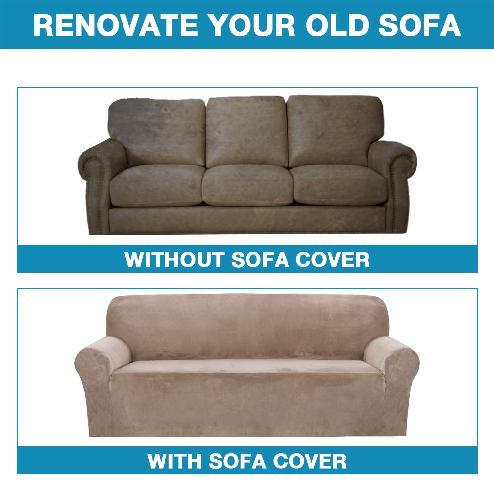 Velvet Stretch Sofa Covers Loveseat Couch Covers for 2 Cushion Couch Loveseat Covers for Living Room, Loveseat Slipcovers Pets Friendly, Thick Soft Washable, Secure with Strap (58"-72, Taupe)