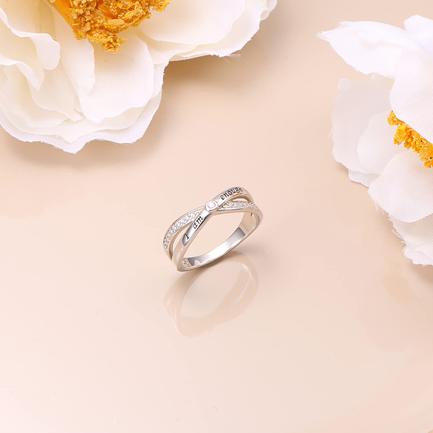 Yearace I am Enough Ring 925 Sterling Silver Inspirational Ring Adjustable Rings for Women Size 7