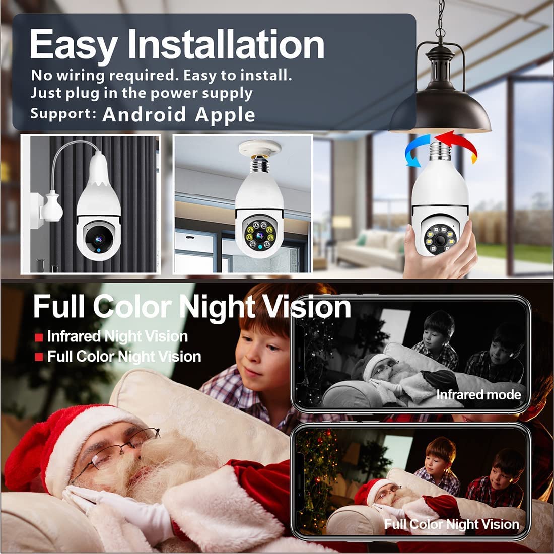 TGMALL 2 Pack Light Bulb Camera Outdoor Wireless Smart Home Security Bulb Cameras Indoor E27 Socket 360 Degree Color Day&Night, Motion Detection, Two-Way Audio