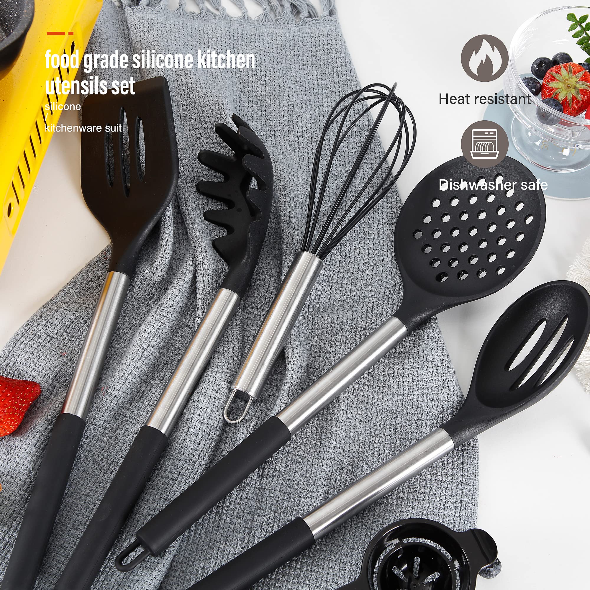 QMVESS Silicone Kitchen Utensil Set, 28 Pcs Non-Stick Cooking Utensils Set with Holder, Tongs, Spatula, Whisk, Measuring Cups and Spoons Set with Stainless Steel Handle Kitchen Gadgets (Black)