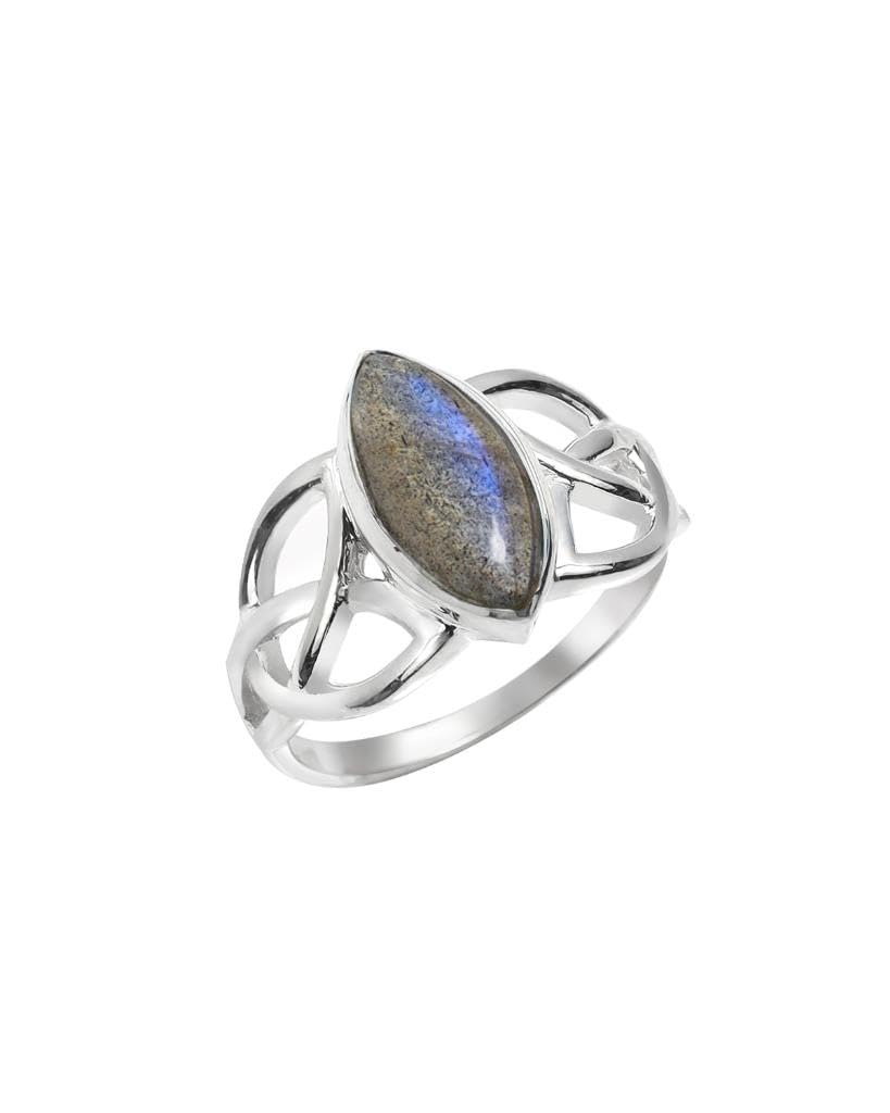 YoTreasure Marquise Shape Labradorite Birthstone Gemstone 925 Sterling Silver Victorian Style Triquetra Celtic Trinity Knot Ring