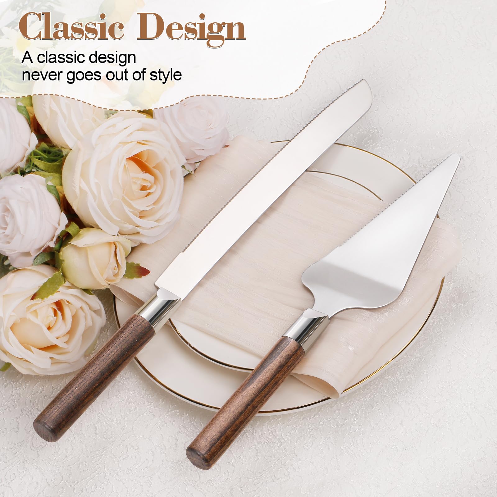 TUKDAK Cake Cutting Set for Wedding, Wood Cake Knife and Server Set, Vintage Pie Cake Cutter, Silver Pizza Dessert Utensils Bridal Anniversary Birthday QuinceaƱera Gift (Original Wood)