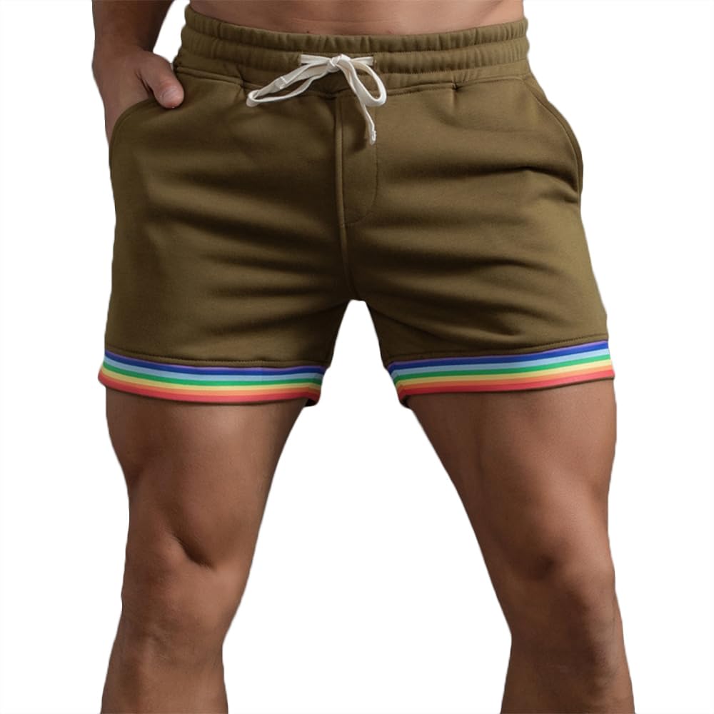 Rexcyril Men's Athletic Workout Running Shorts 5" Gym Bodybuilding Rainbow Stripe Cotton Shorts with Pockets, Army Green, Small